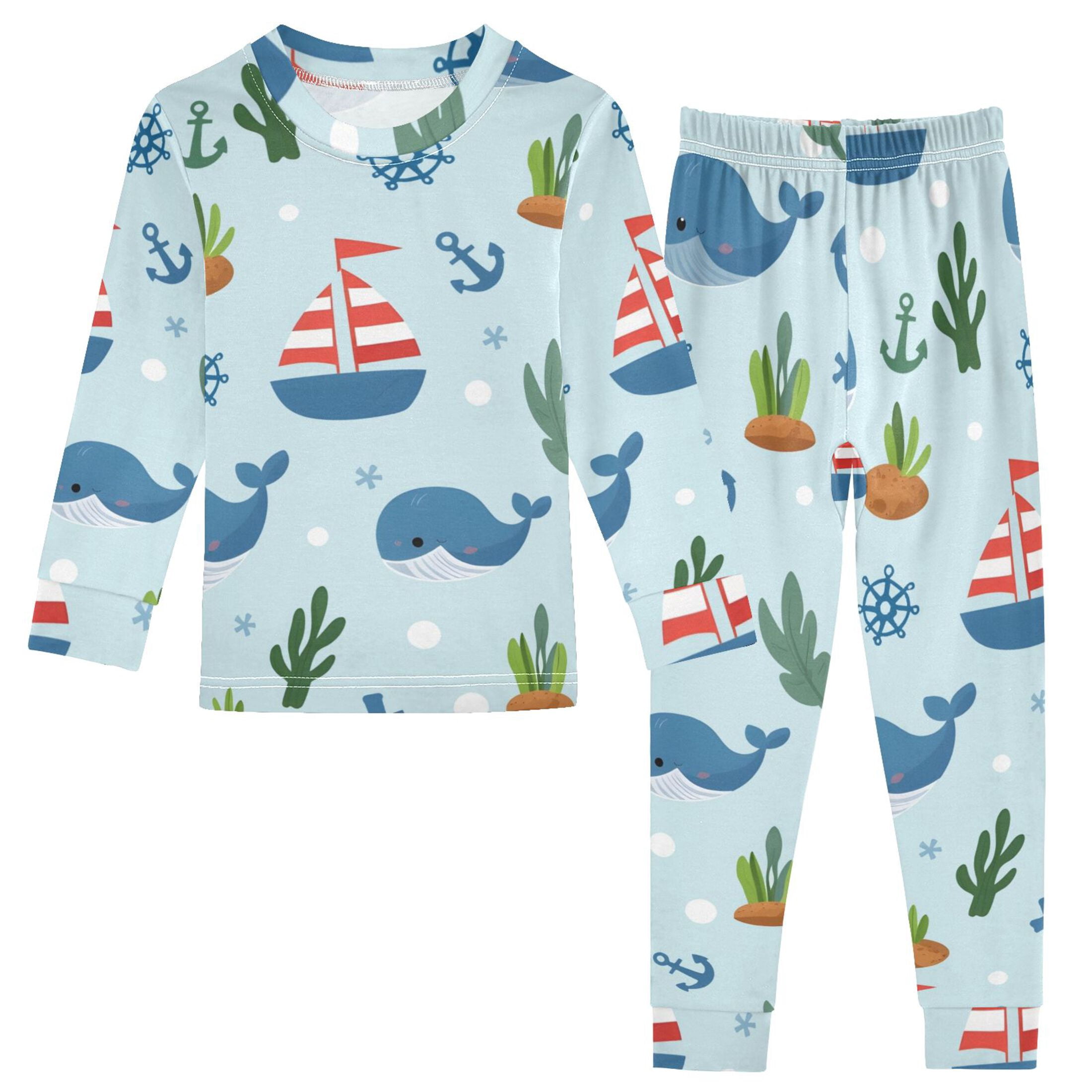 Blue Whale Sailor Pattern Cotton Pajamas 2 Piece Set Sleepwear Soft and ...