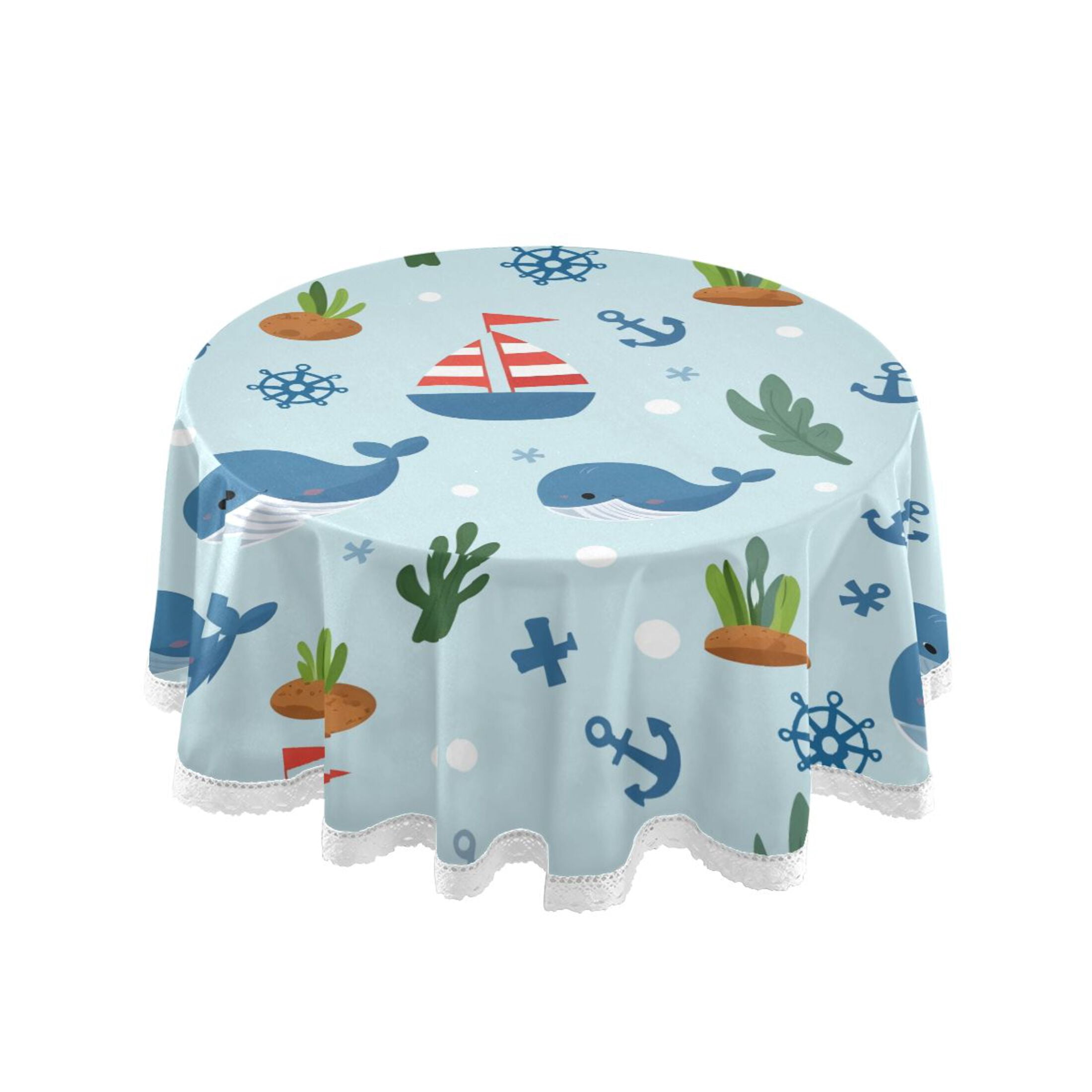 Blue Whale Sailor Pattern Round Lace Tablecloth 60 Inch Polyester ...
