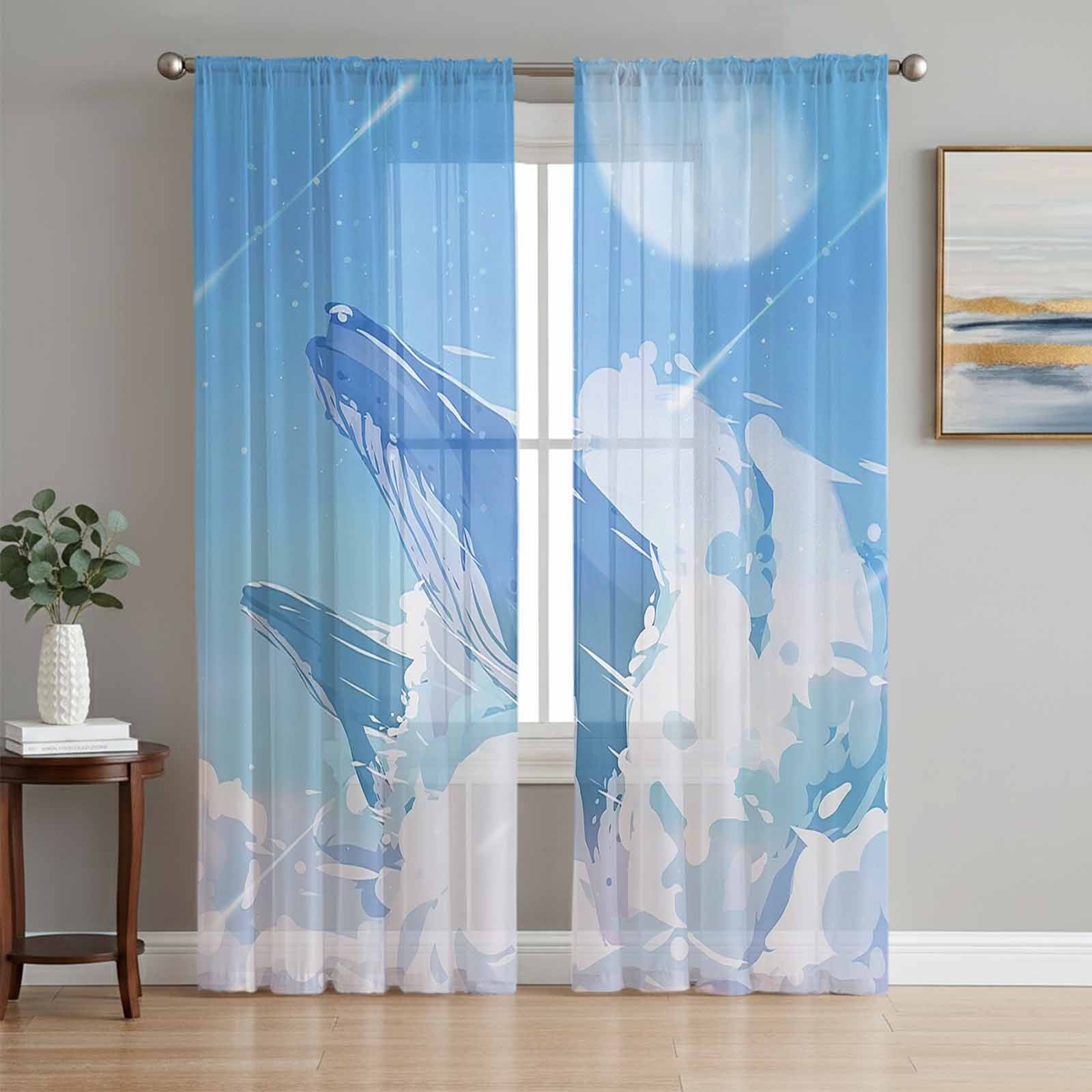 Blue Whale Semi Sheer Curtains 63 Inch Length 2 Panels Set, Blue Sky ...