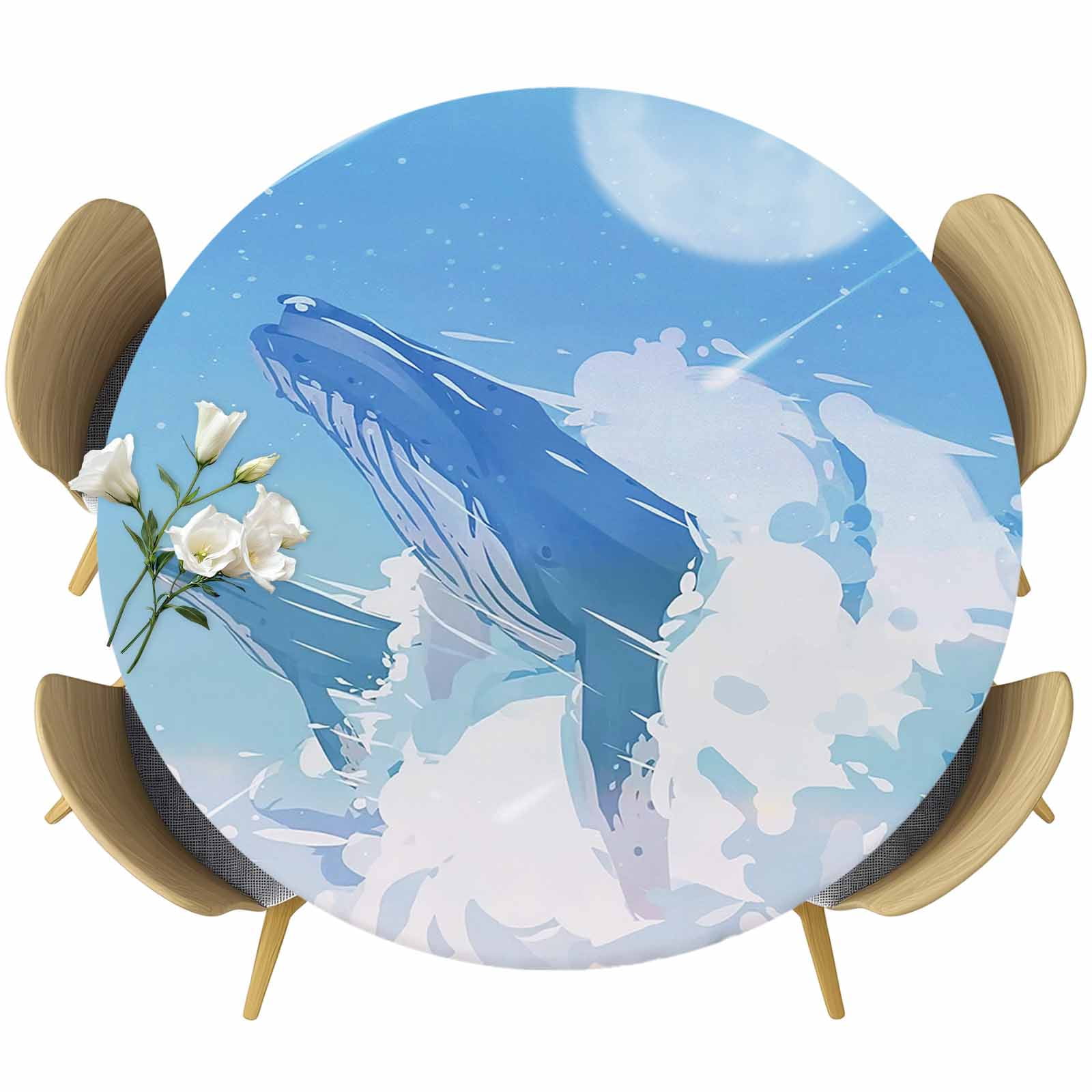 Blue Whale Table Cloth, Round Fitted Tablecloths with Elastic Edge ...