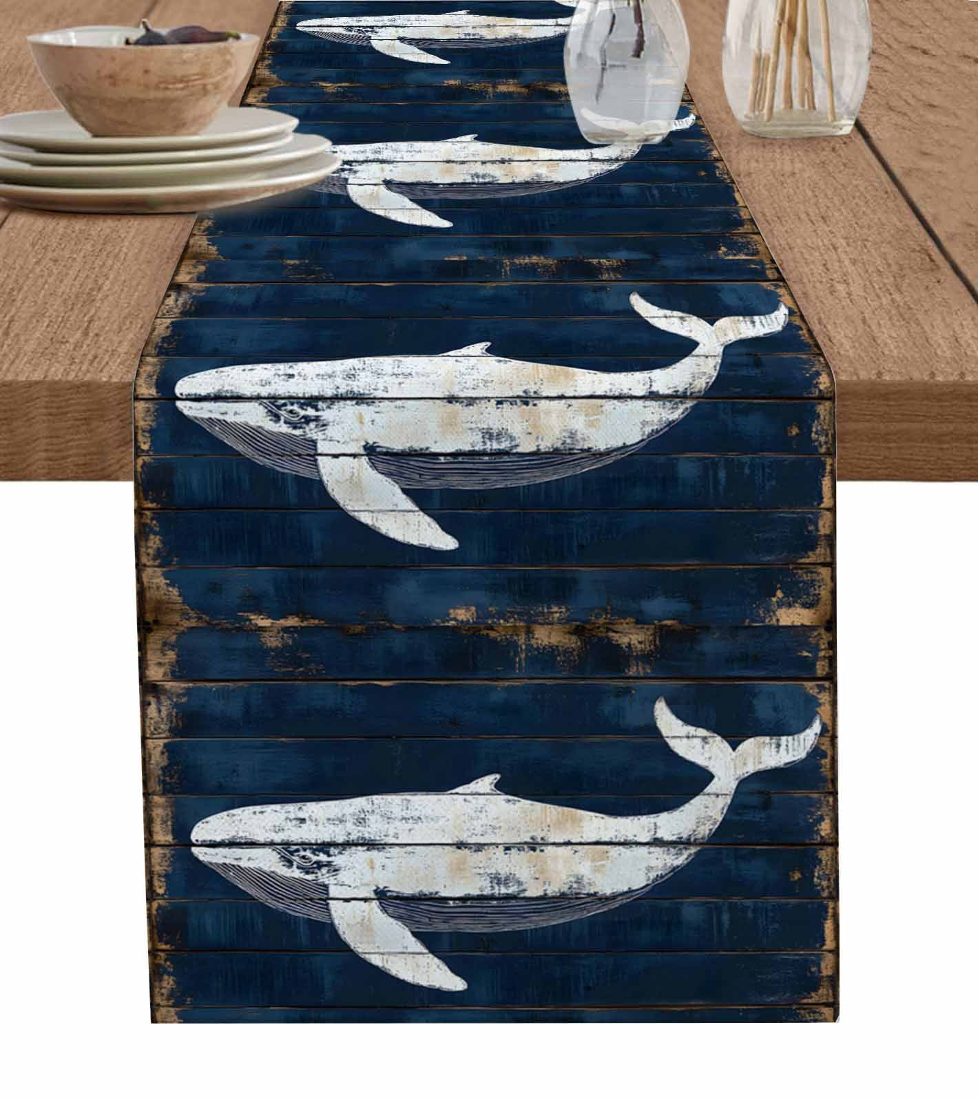 Blue Whale Table Runner 90 Inches, Coastal Ocean Vintage Wooden Grain ...
