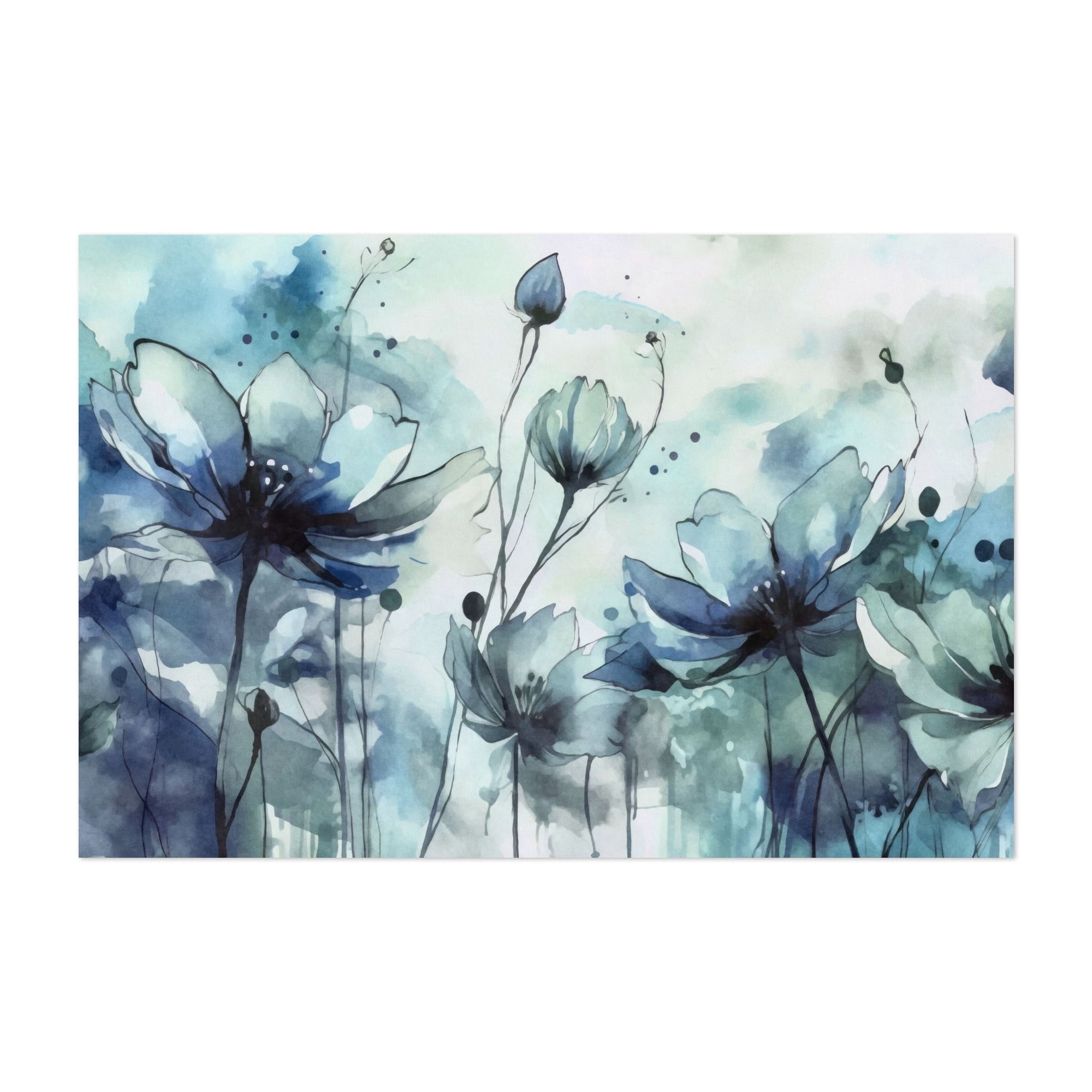 Blue Whimsy Summer Meadow - Painting Floral Watercolor Abstract Modern Art Botanical Flowers ...