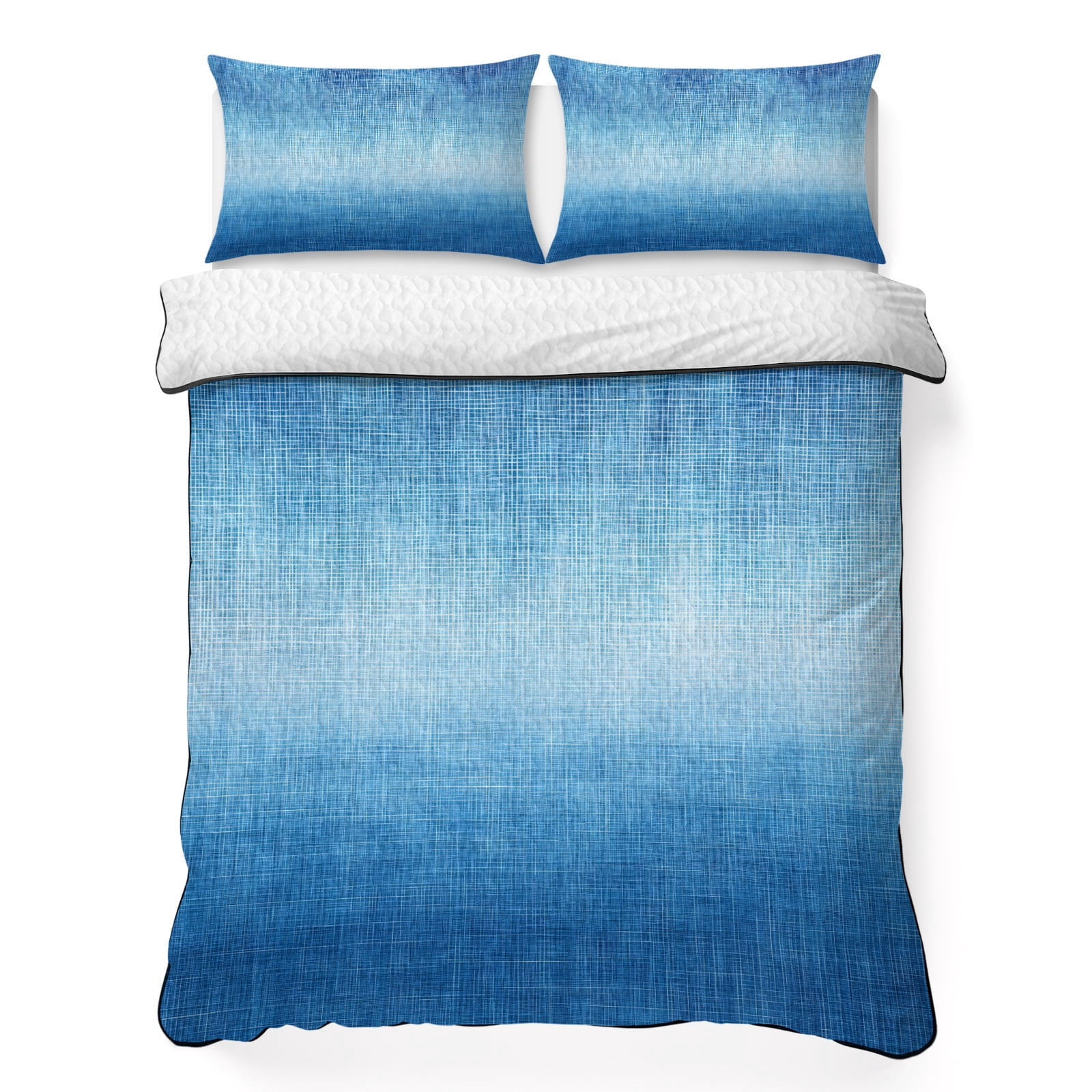 Blue White 3 Piece Quilt Bedding Set with 2 Pillow Shams, Gradient Grid ...