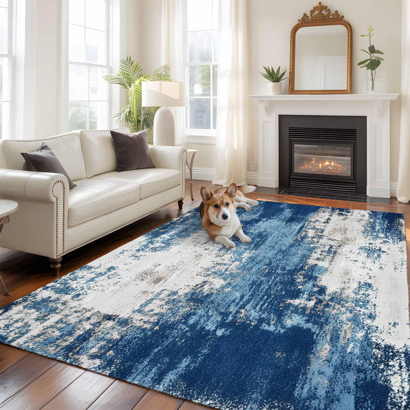 Blue White Abstract Art Large Area Rugs 8x10 ft Modern Painting Mottled ...