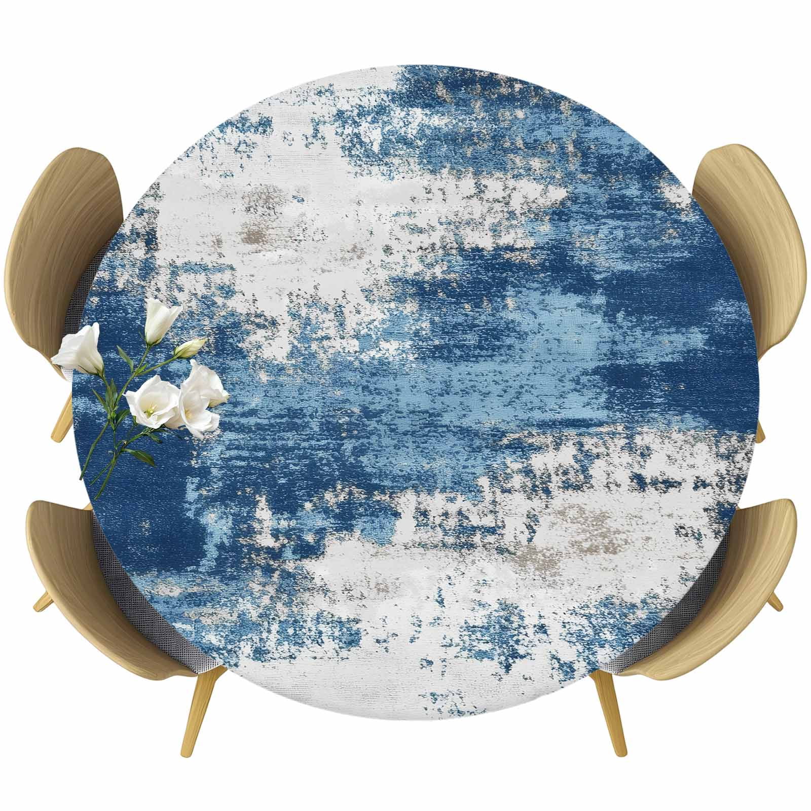 Blue White Abstract Art Round Fitted Table Cover Modern Painting ...