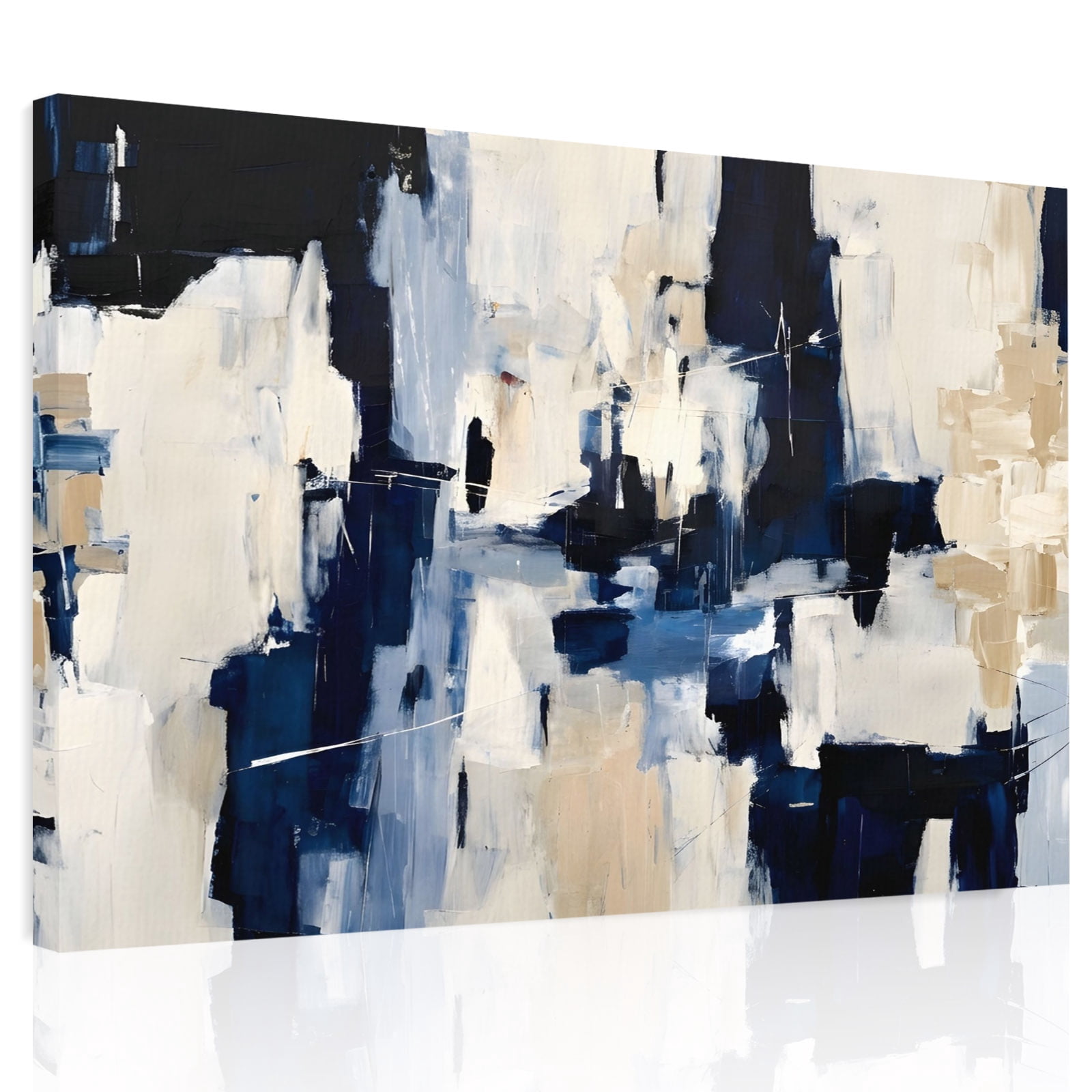 Blue White Abstract Canvas Print Wall Art, Color Block Modern Artistic ...