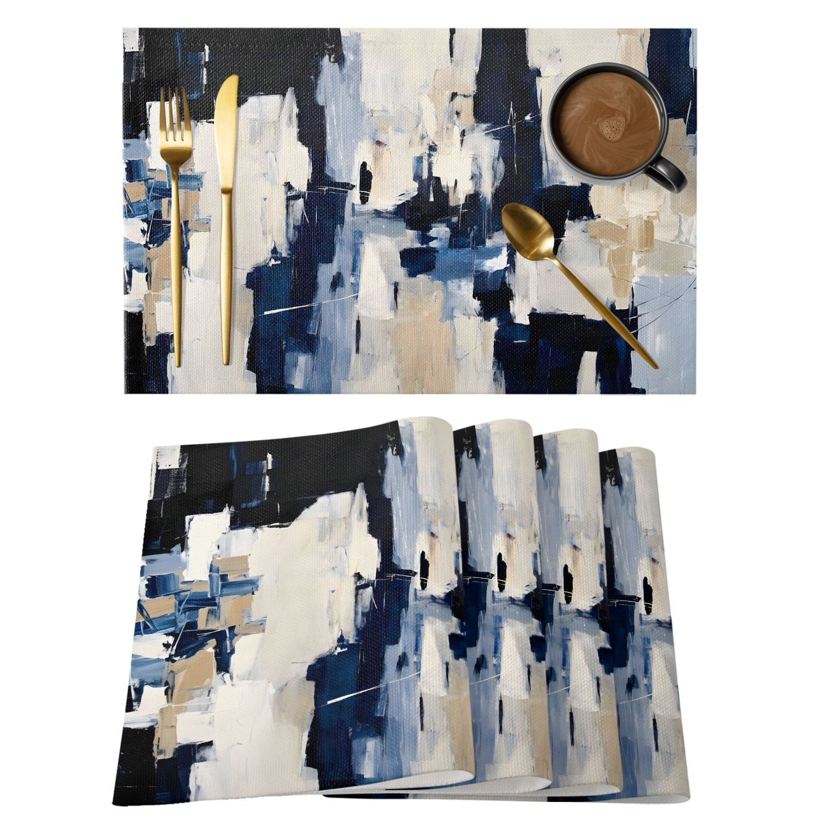 Blue White Abstract Cotton Linen Placemats Set of 8, Color Block Modern ...