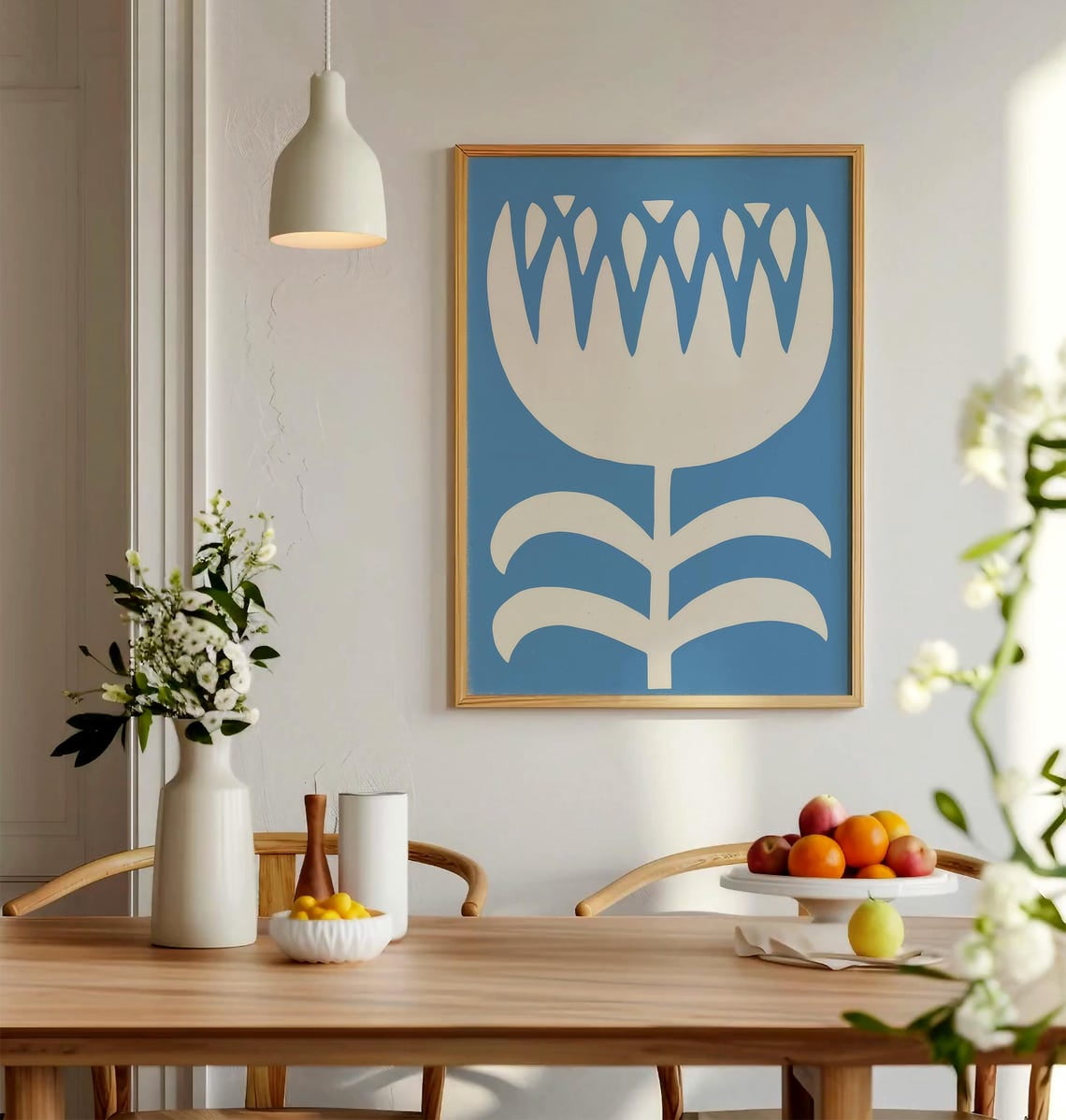 Blue White Abstract Flower Modern Scandinavian Wall Art, Unframed ...