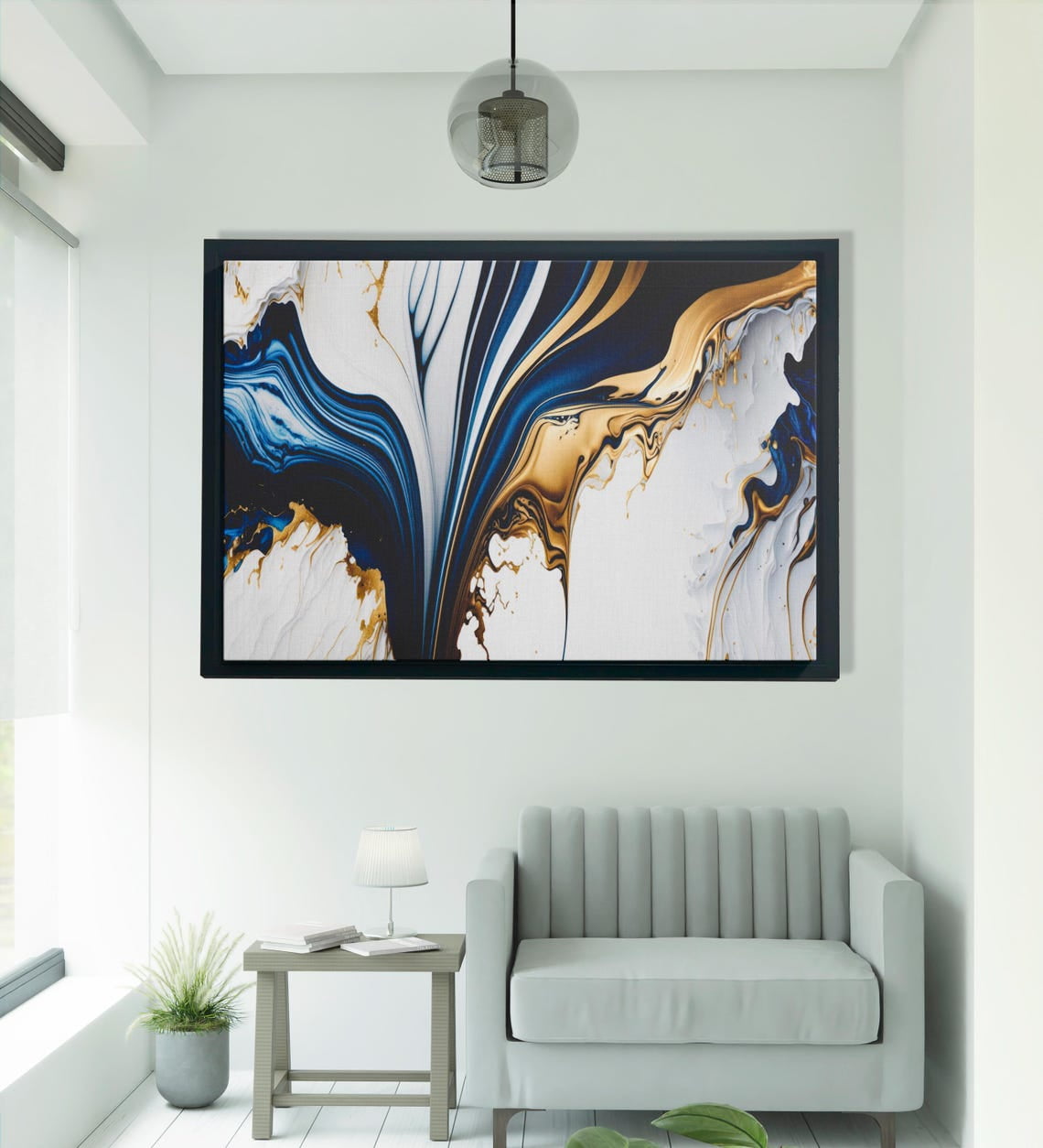 Blue White Abstract, Gold Marble Art, Blue Yellow Marble Wall Decor ...