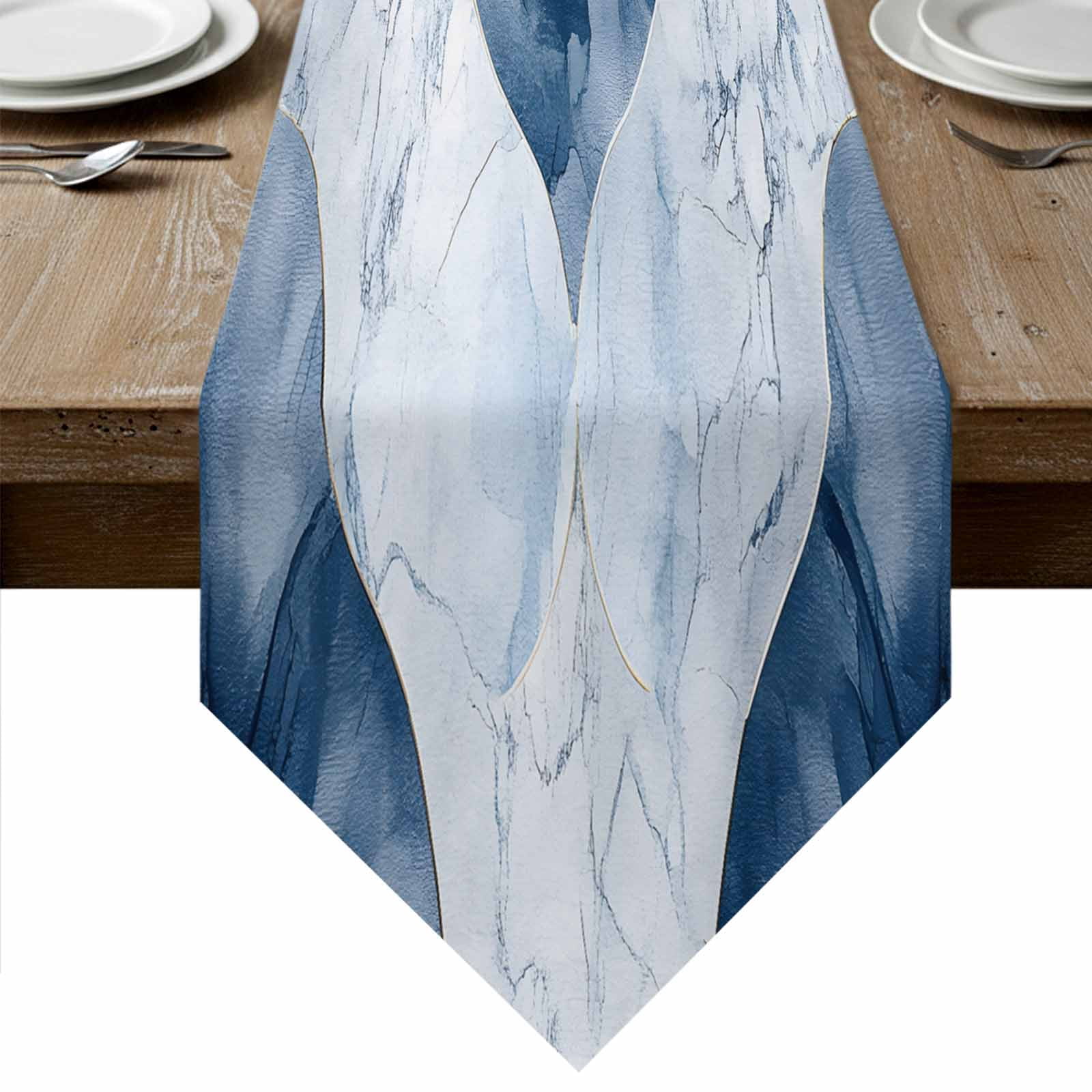 Blue White Abstract Marble Table Runner Linen Burlap Table Runner 108 ...