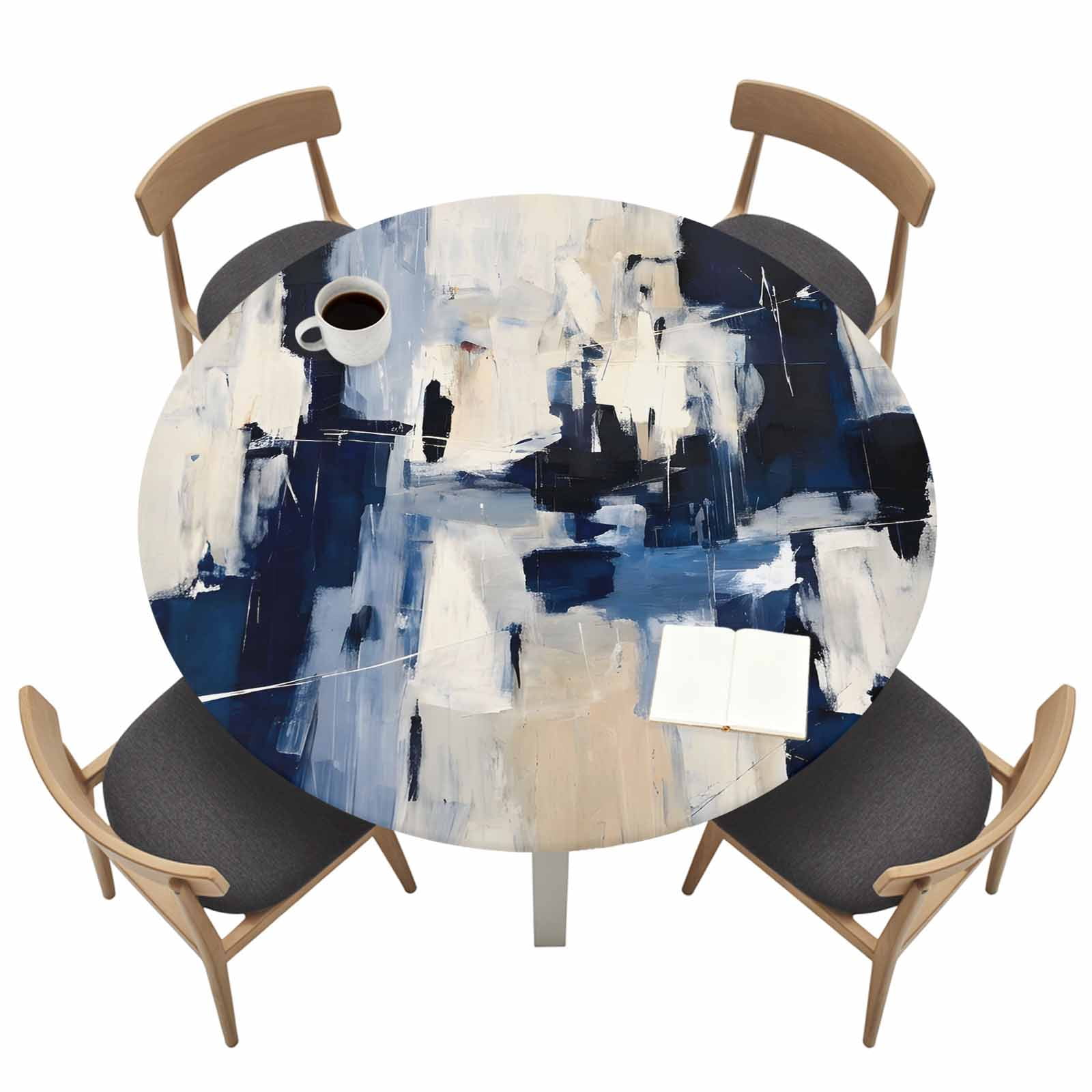 Blue White Abstract Round Fitted Table Cover Color Block Modern ...