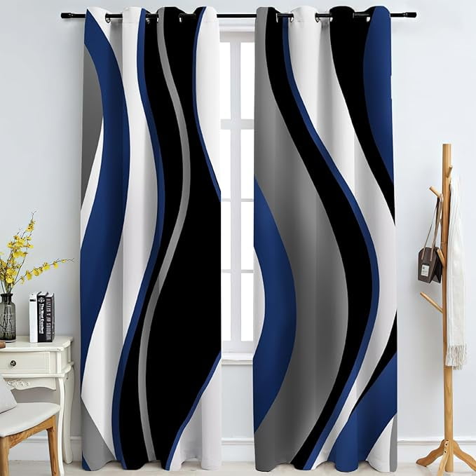 Blue And White Abstract Water Blackout Curtains, Black And Gray ...