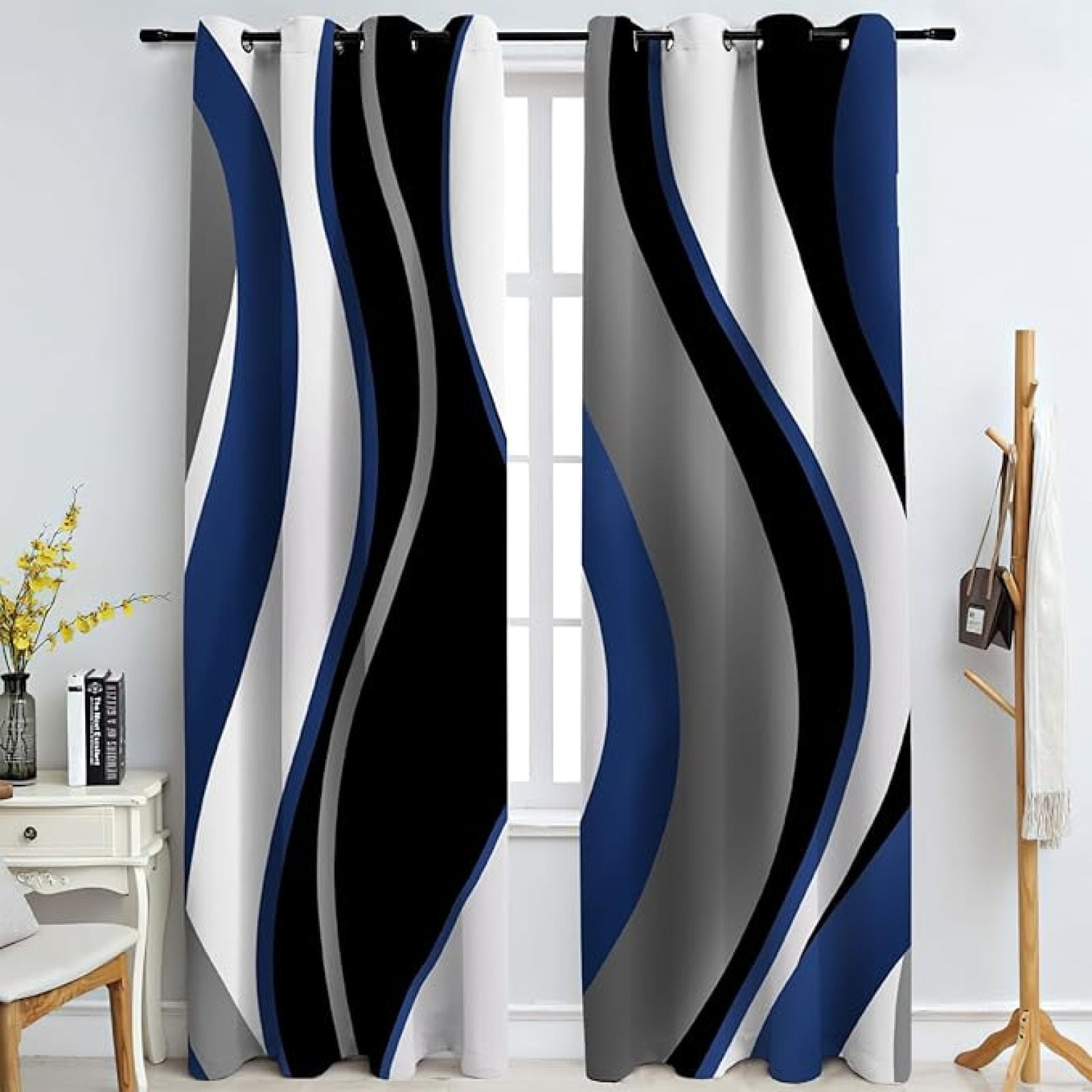 Blue And White Abstract Water Blackout Curtains, Black And Gray ...
