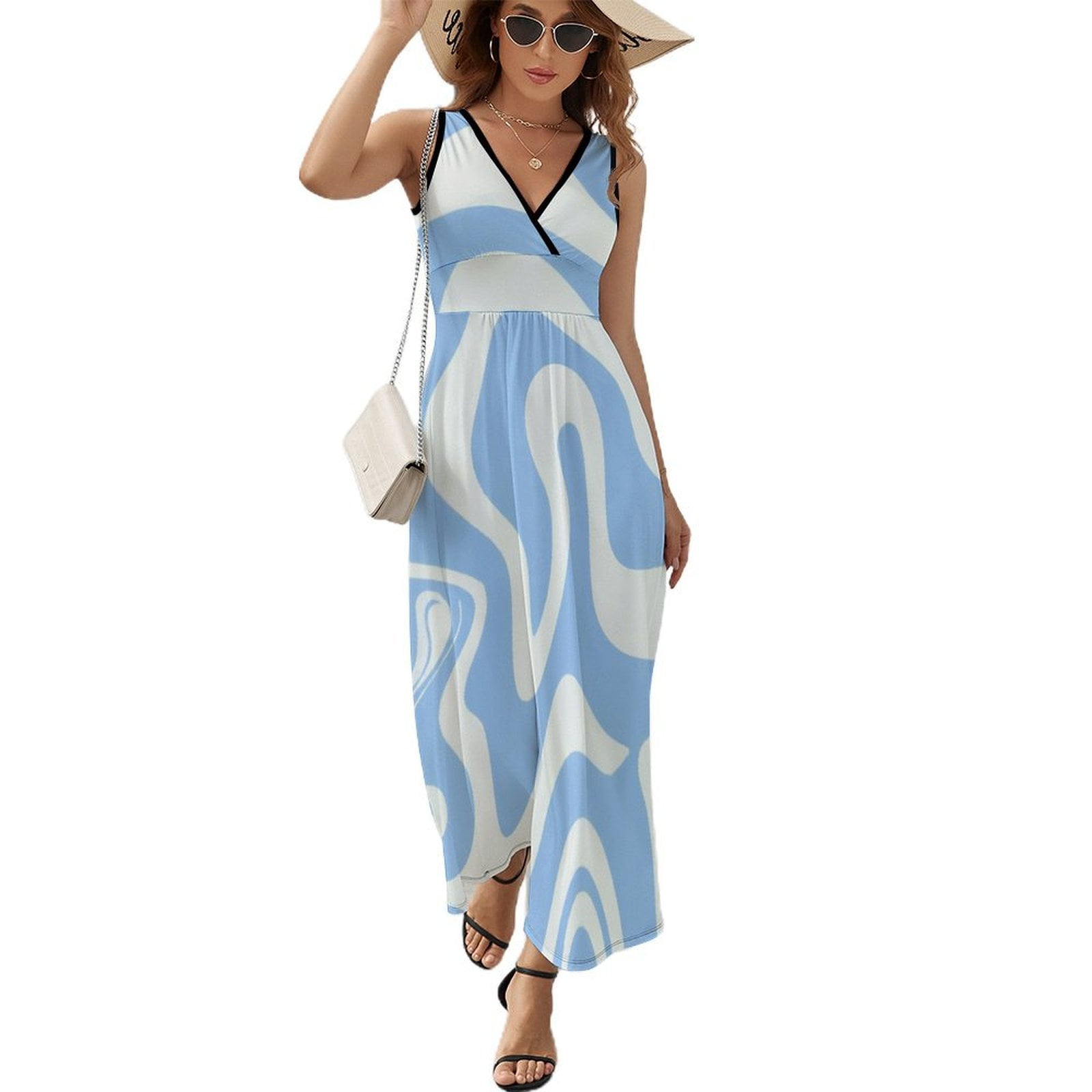 Blue White Abstract Wavy Pattern Dress Fashion Boho Beach Long Dresses ...