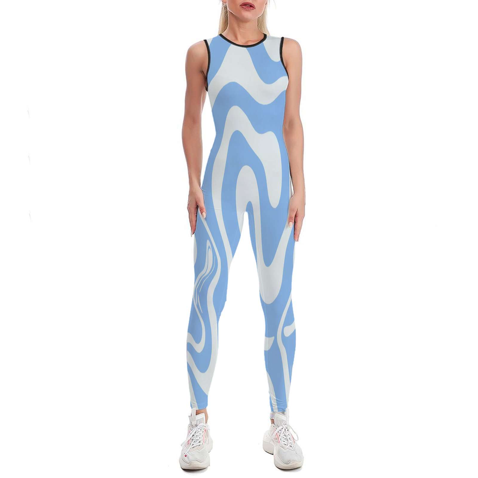 Blue White Abstract Wavy Pattern Women's One Piece Yoga Jumpsuits ...