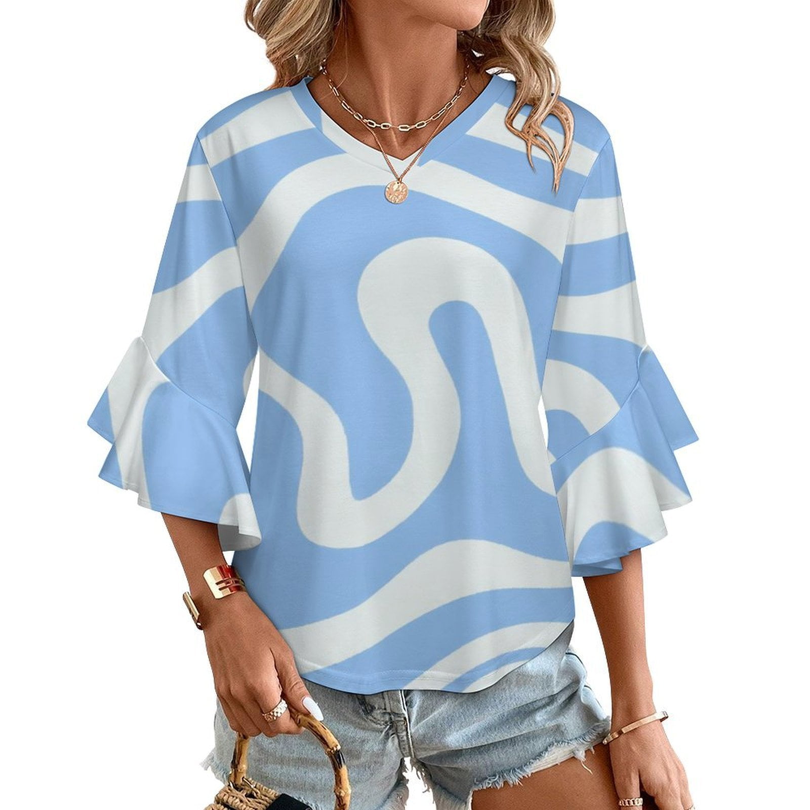Blue White Abstract Wavy Pattern Women's V-Neck Blouse With 3/4 Ruffled ...