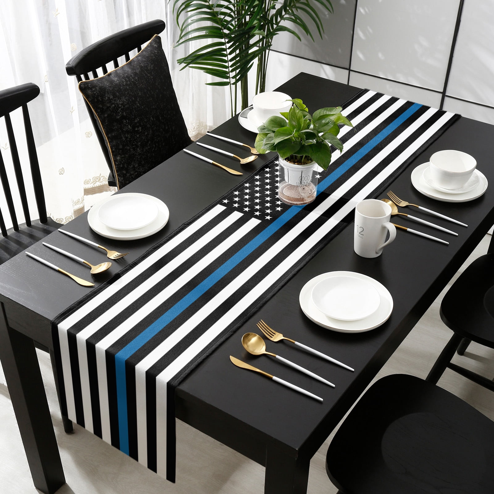 Blue White American Police Flag Cotton Linen Table Runner 18 x 72 inch ...