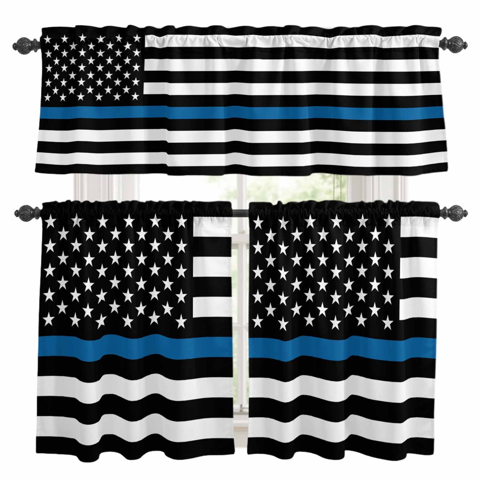 Blue White American Police Flag Kitchen Curtains,Honoring Law ...