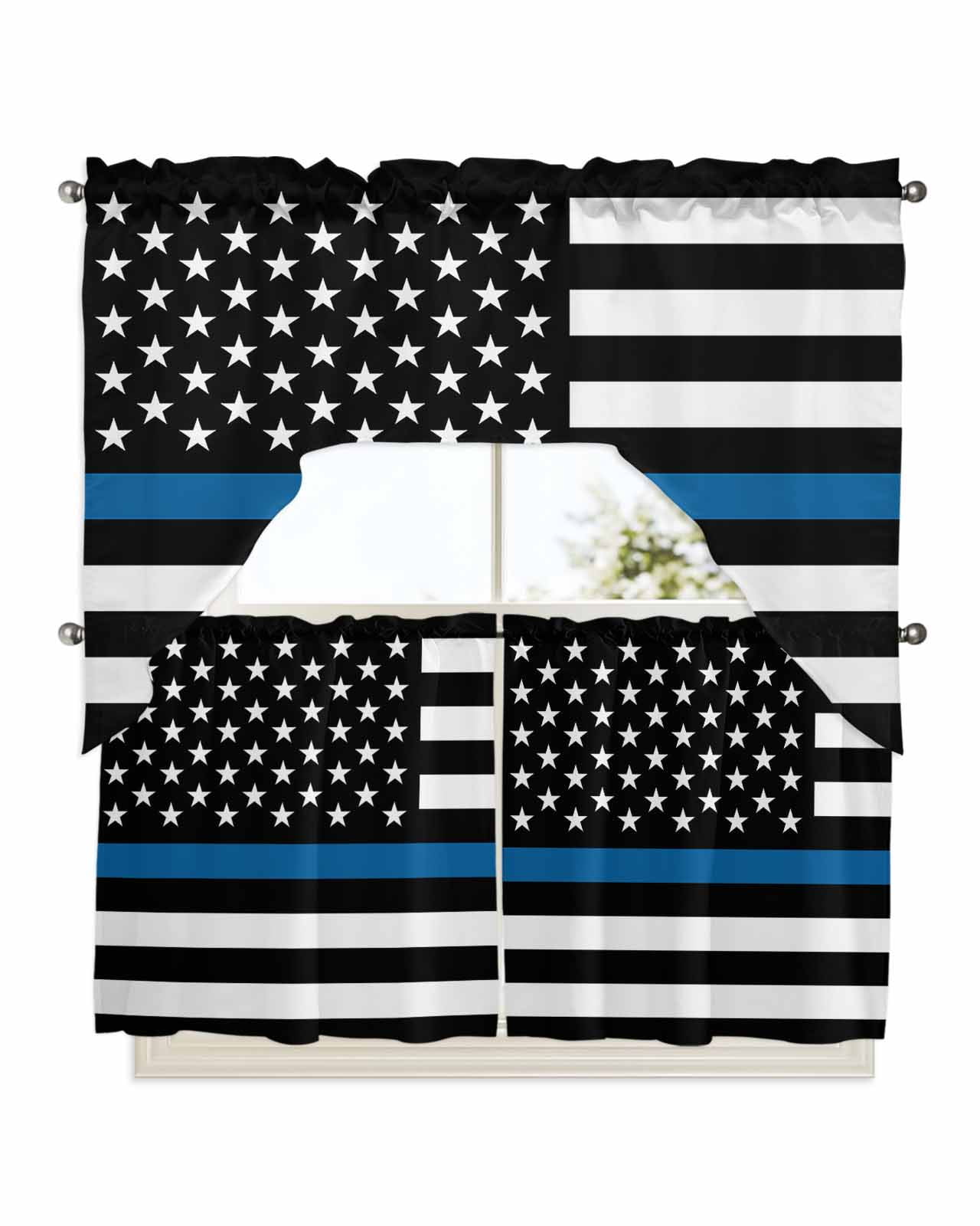 Blue White American Police Flag Kitchen Curtains Swag Valance and Tier ...