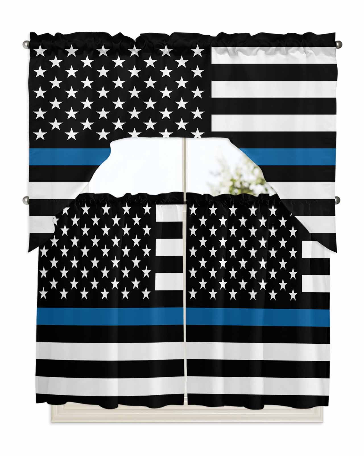 Blue White American Police Flag Kitchen Curtains Swag Valance and Tier ...
