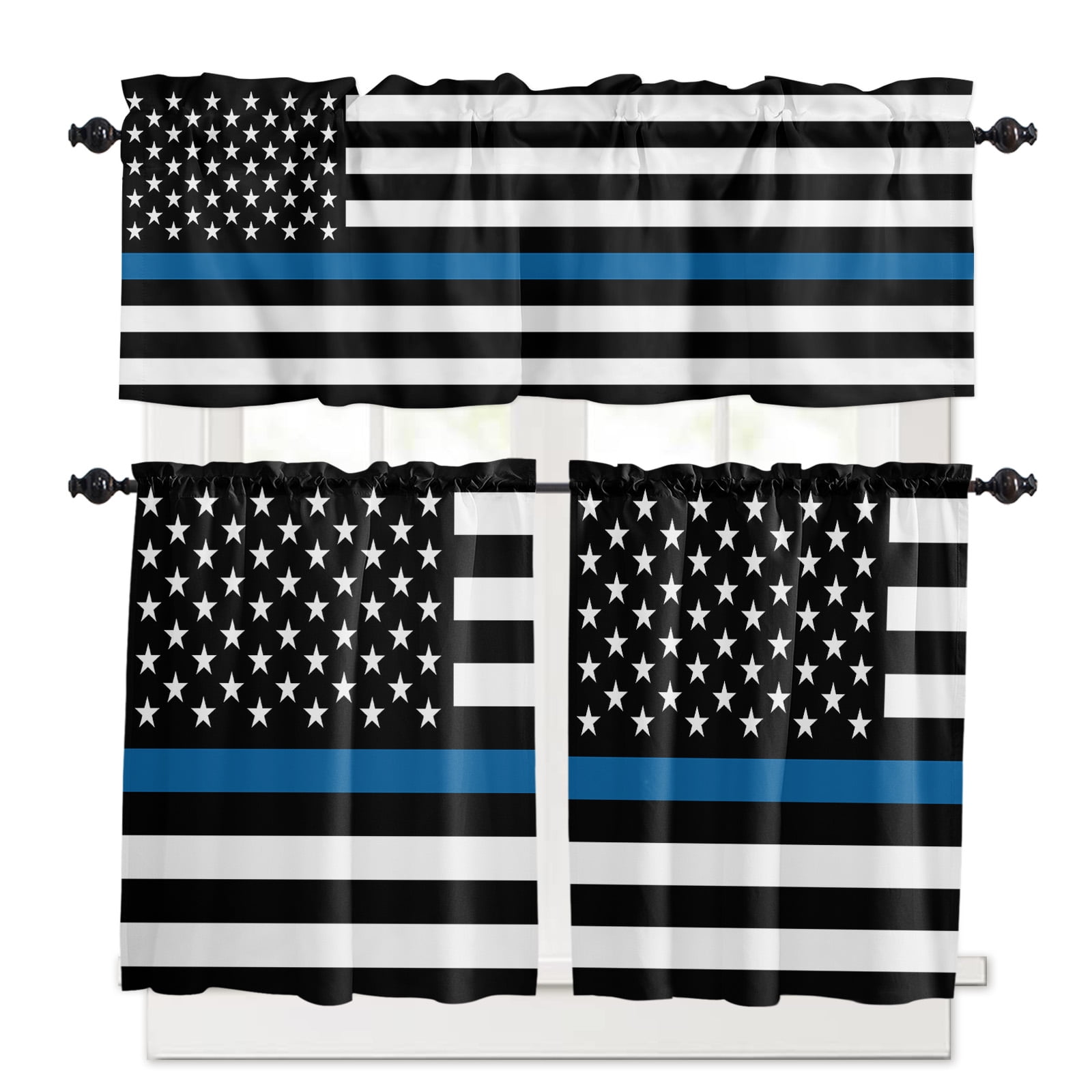 Blue White American Police Flag Kitchen Curtains and Valances Set, 3 ...