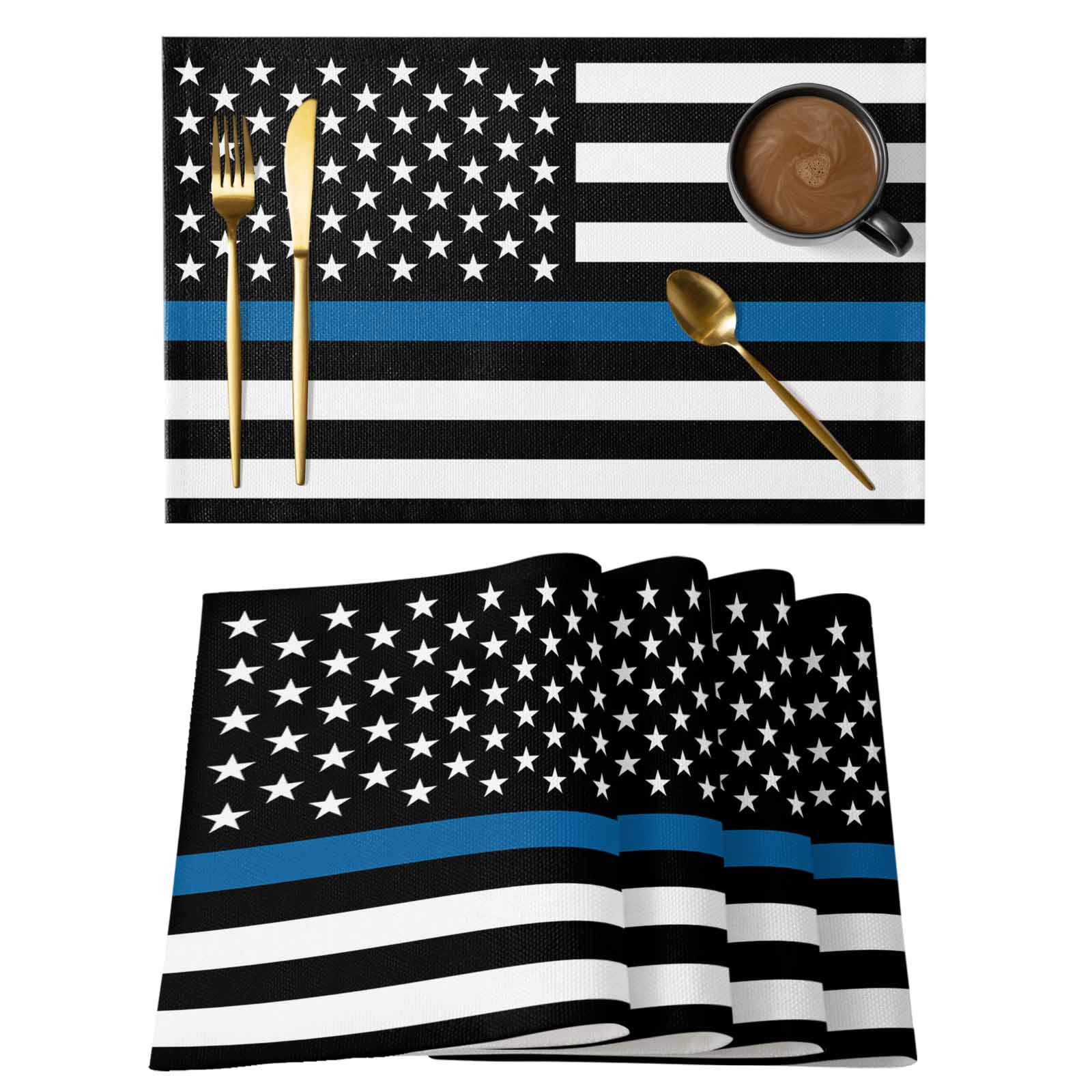 Blue White American Police Flag Placemats Set of 8,Cotton Linen Fabric ...