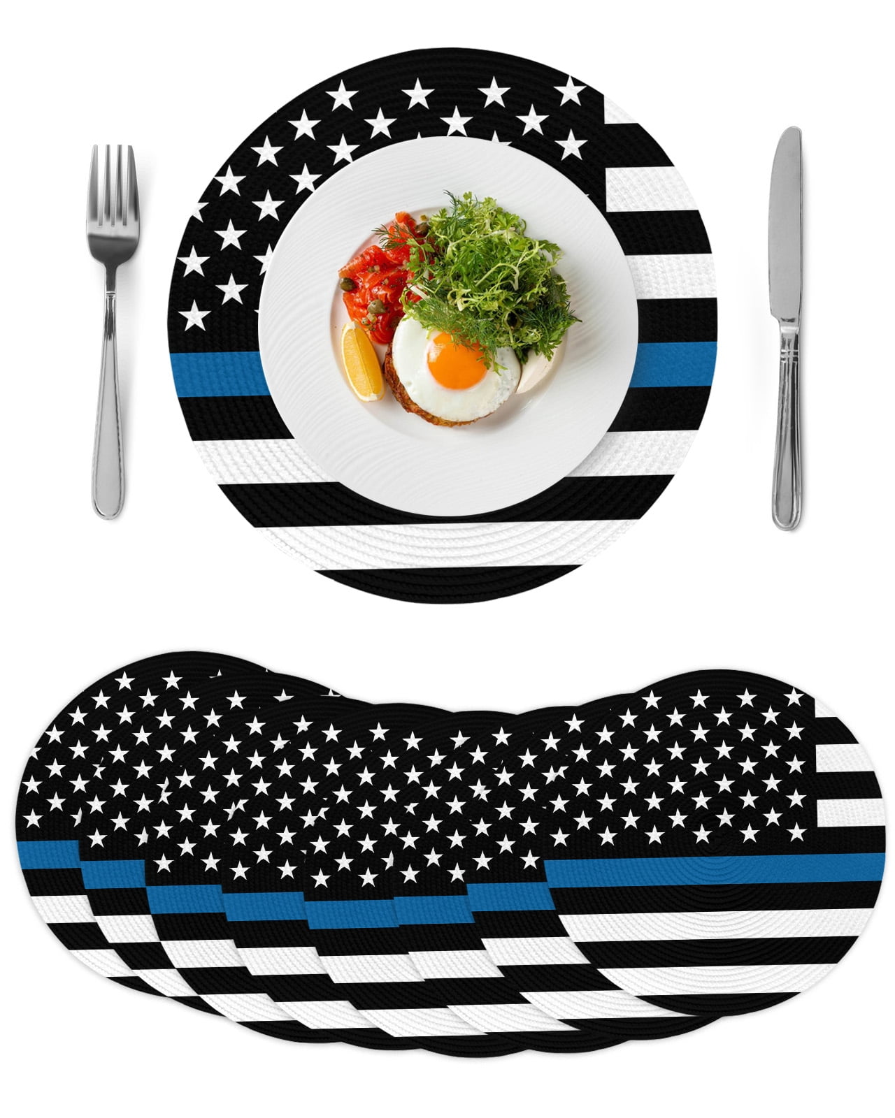 Blue White American Police Flag Round Placemats Set of 8, Braided ...