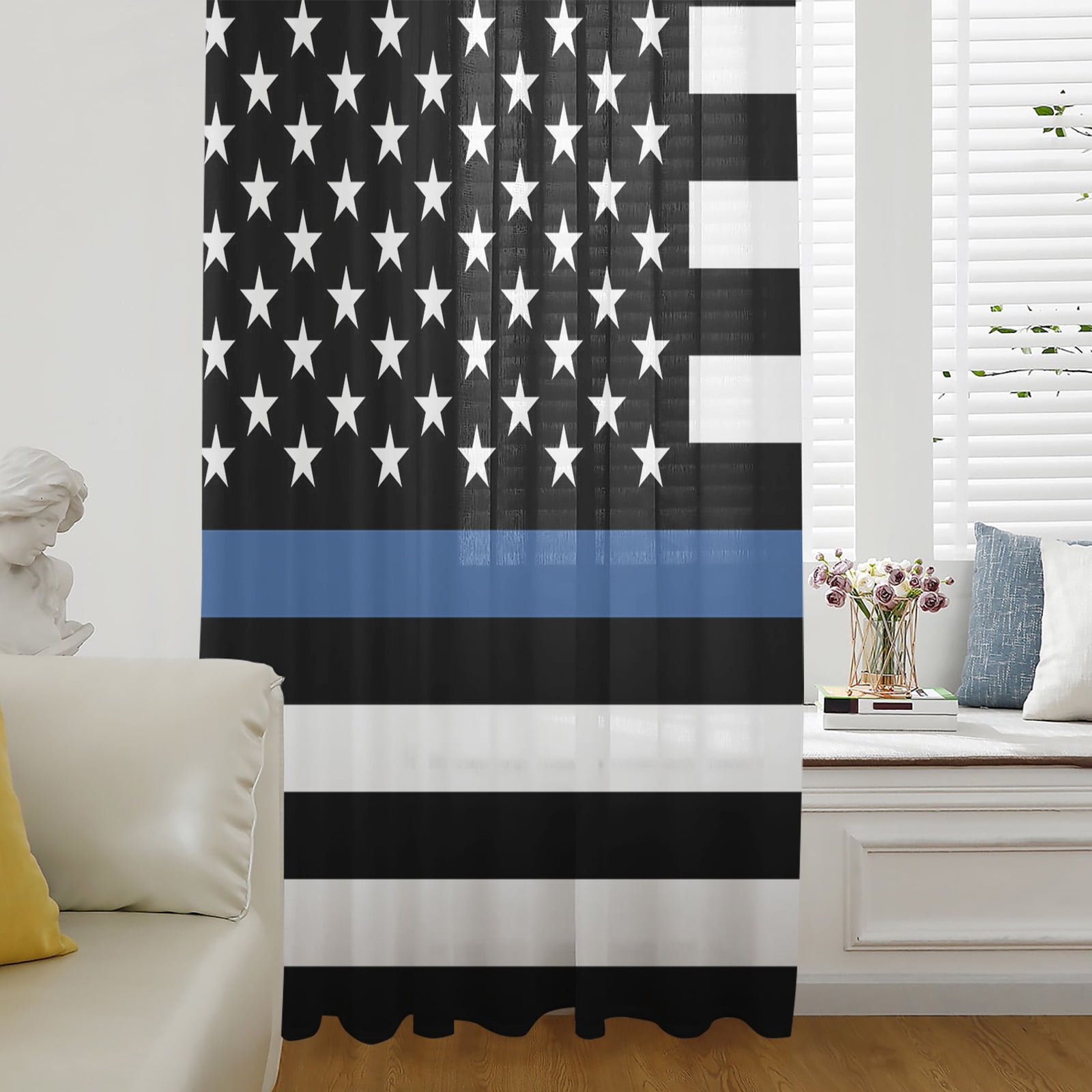 Blue White American Police Flag Semi Sheer Curtains Drapes for Living ...
