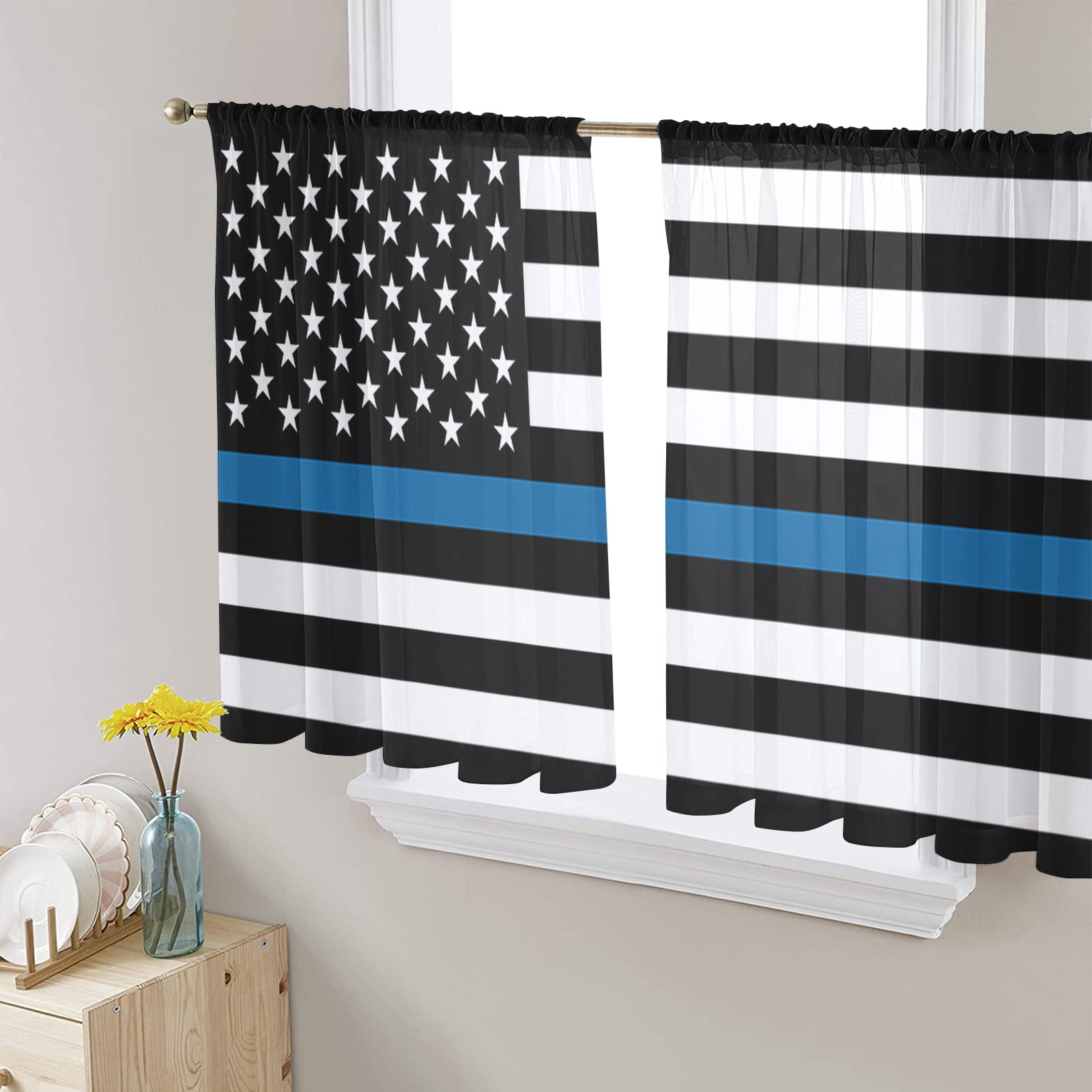 Blue White American Police Flag Sheer Curtains 45 Inch Length 2 Panels ...