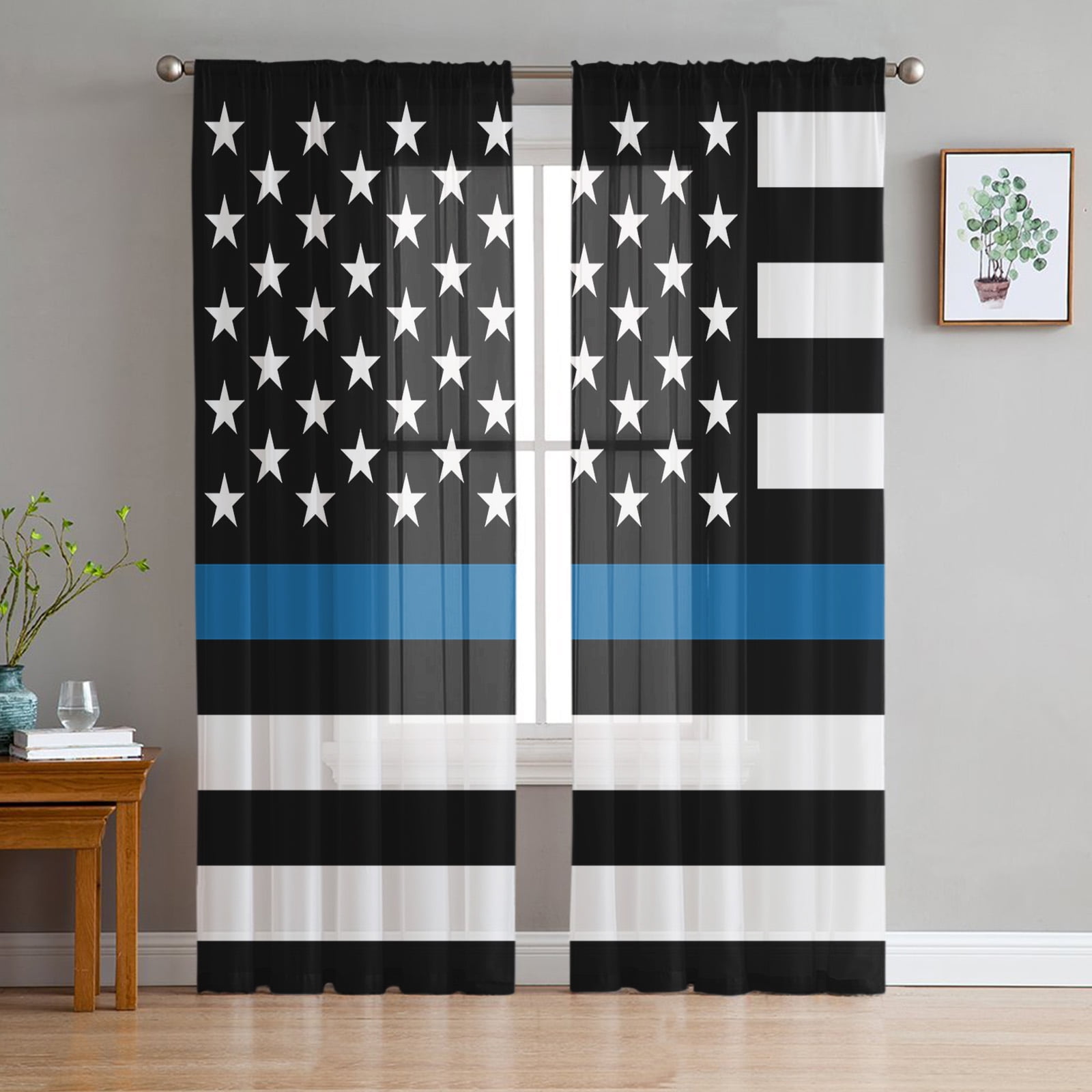Blue White American Police Flag Sheer Curtains 84 Inches Long 2 Panels ...