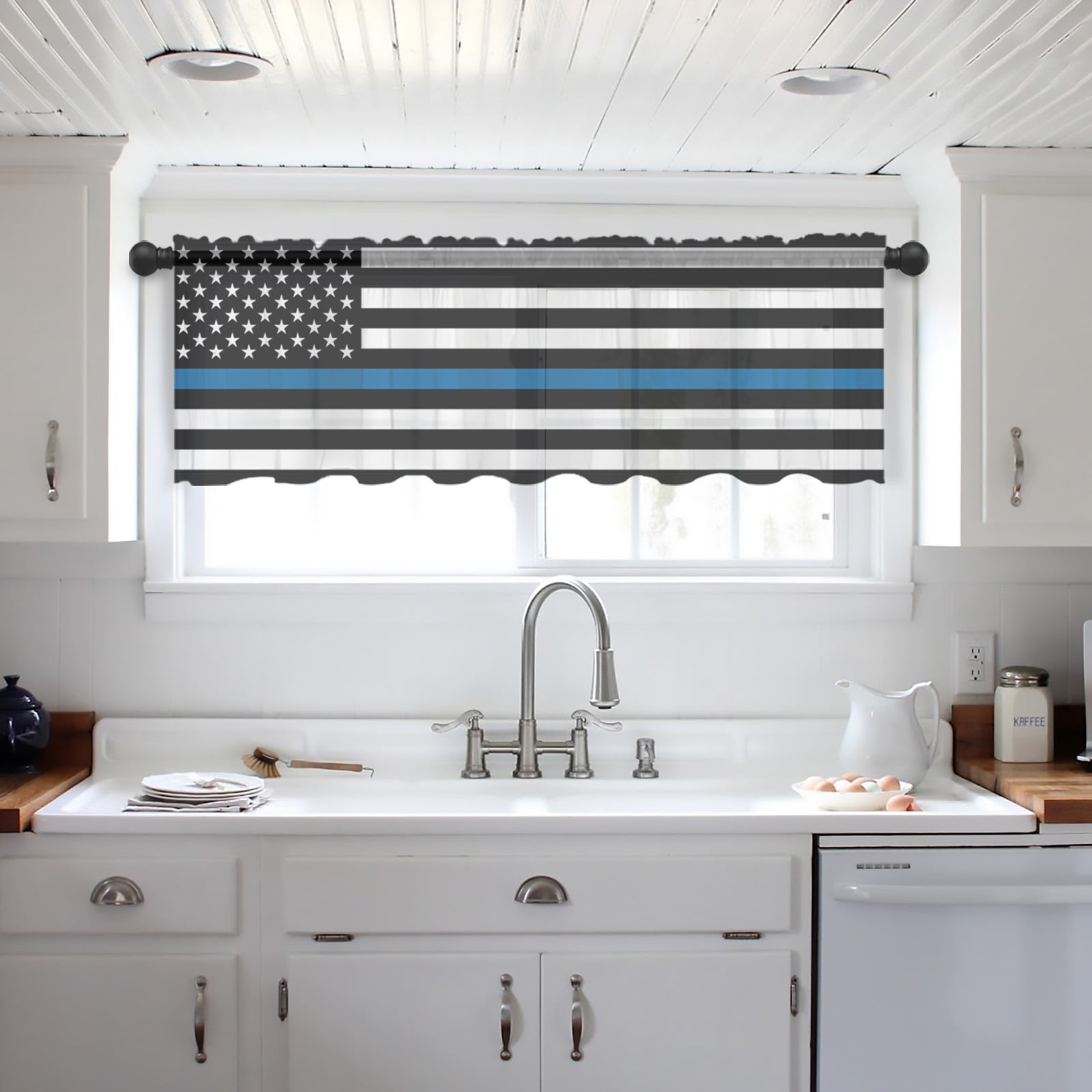 Blue White American Police Flag Valance Curtains for Kitchen/Living ...