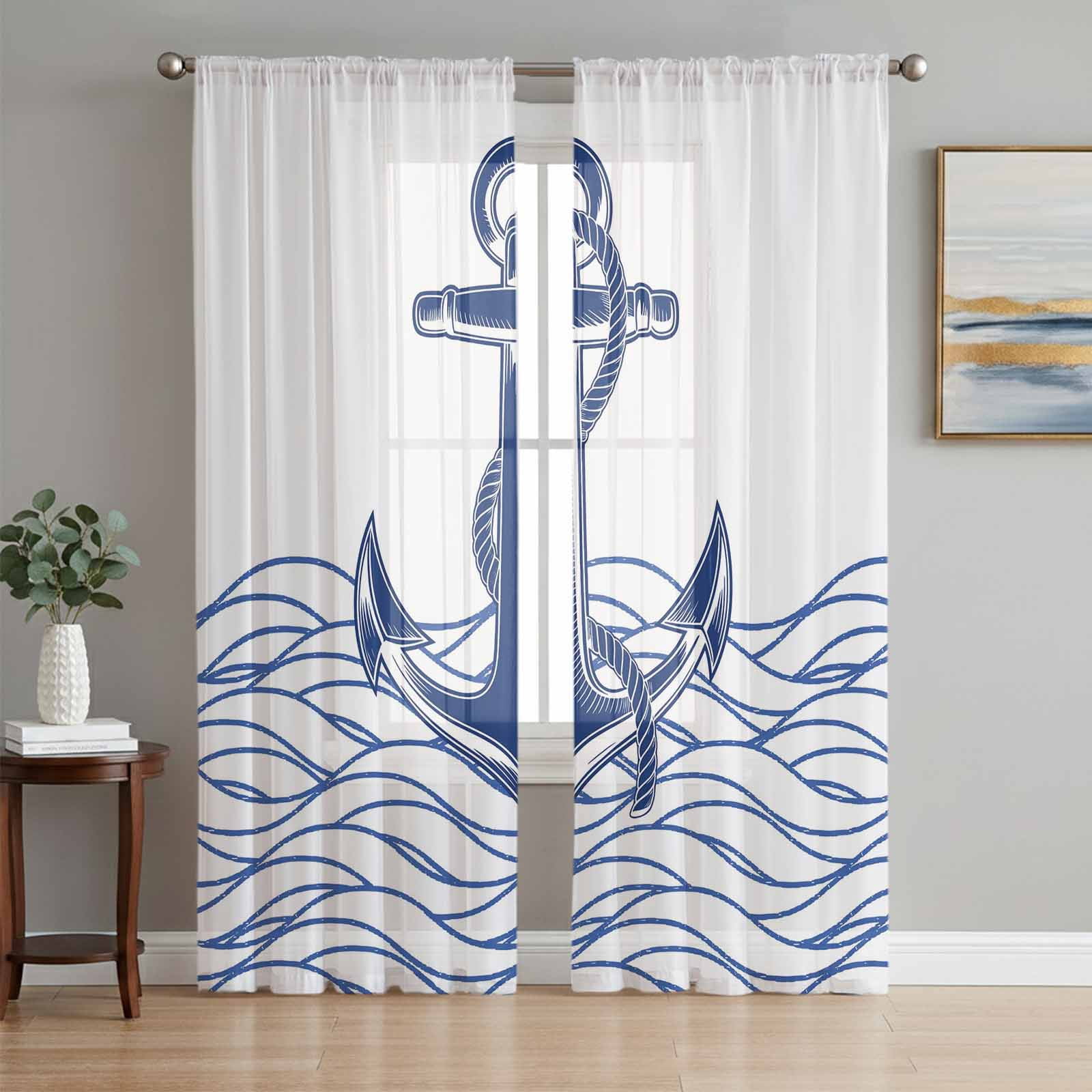 Blue White Anchor Sheer Curtains for Living Room Bedroom, Nautical Navy ...