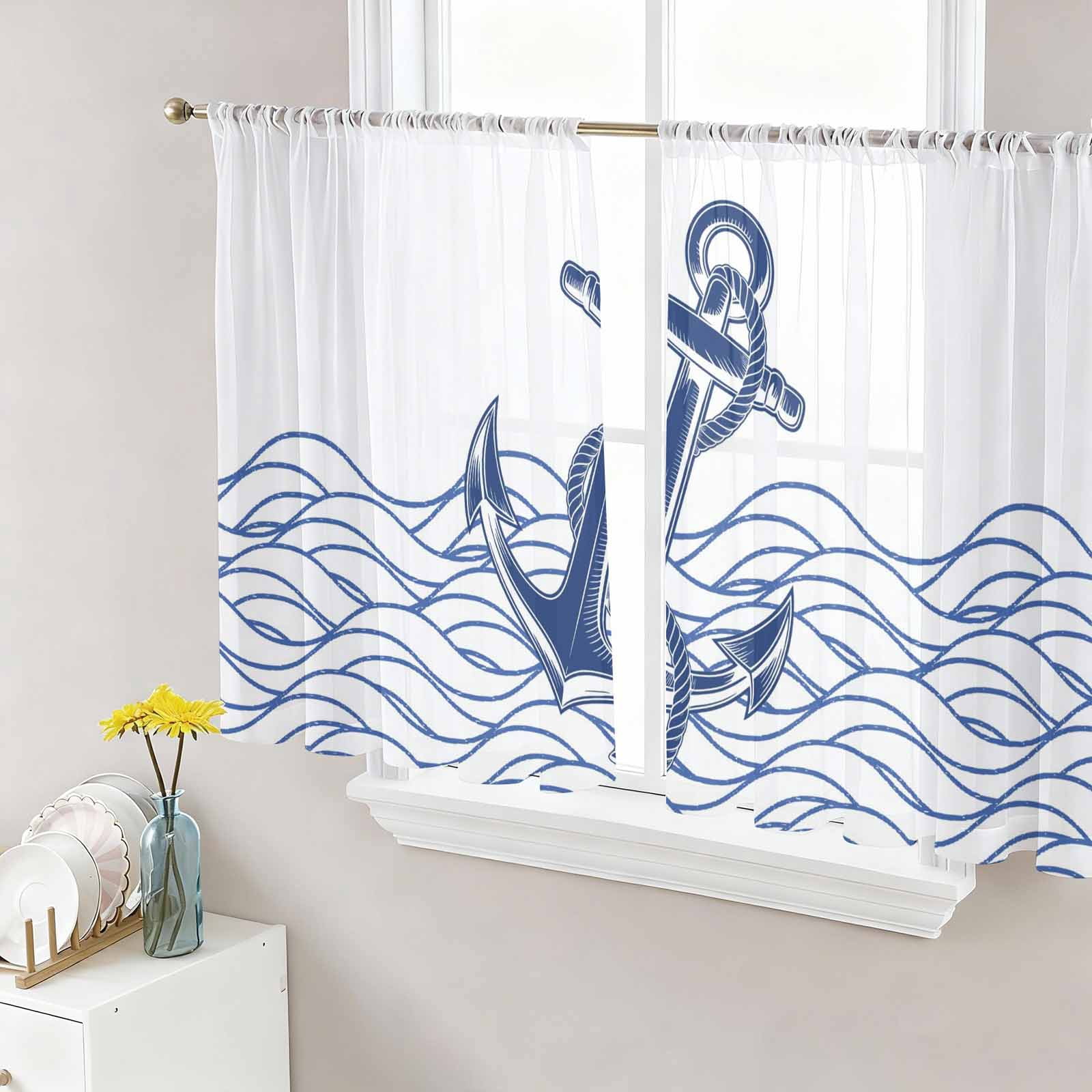 Blue White Anchor Sheer Curtains for Living Room Bedroom, Nautical Navy ...