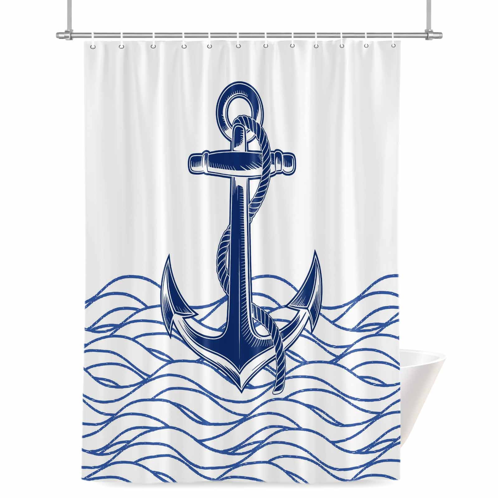 Blue White Anchor Shower Curtains for Bathroom, Nautical Navy Blue ...
