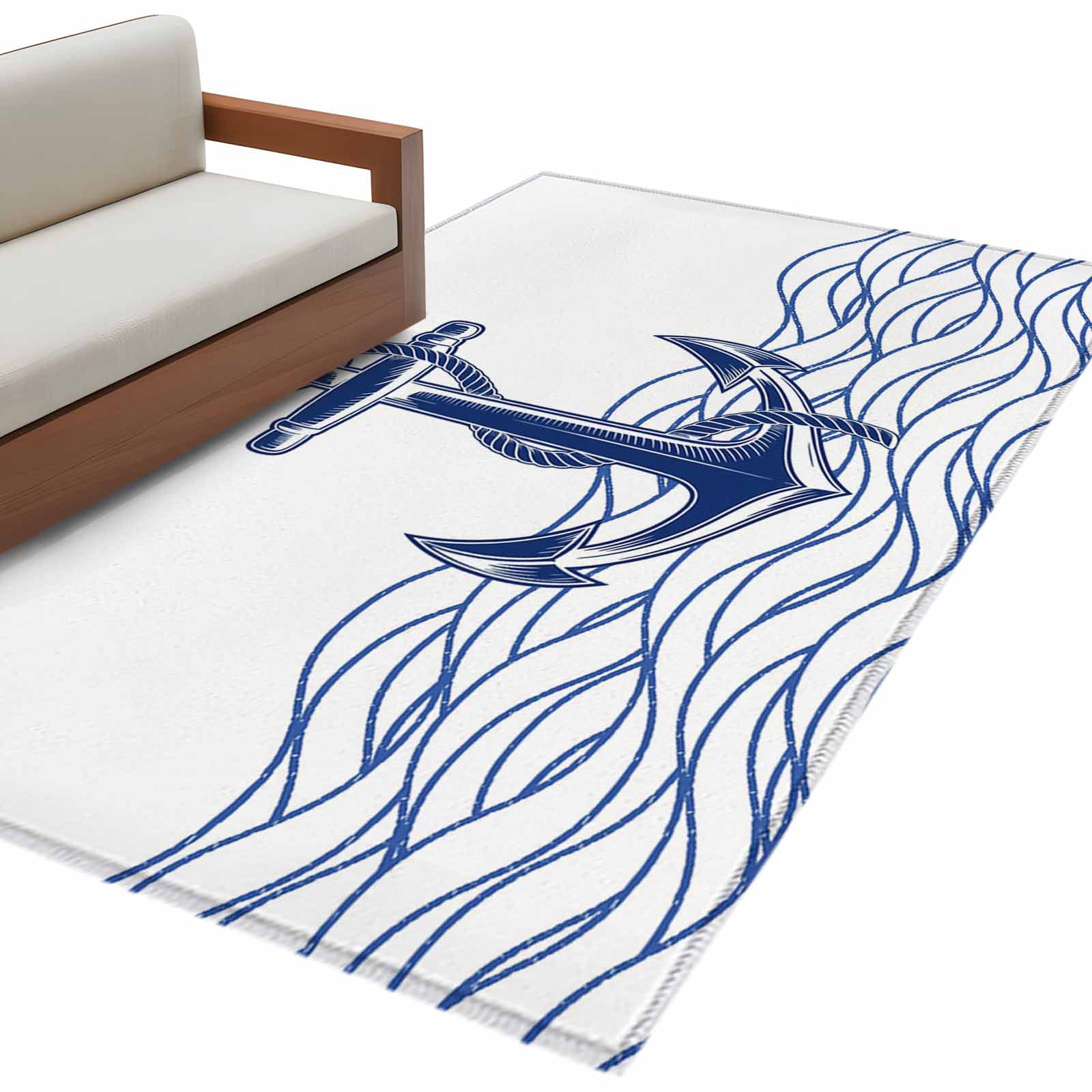 Blue White Anchor Washable Area Rugs 2.7'x5', Nautical Navy Blue Ocean ...