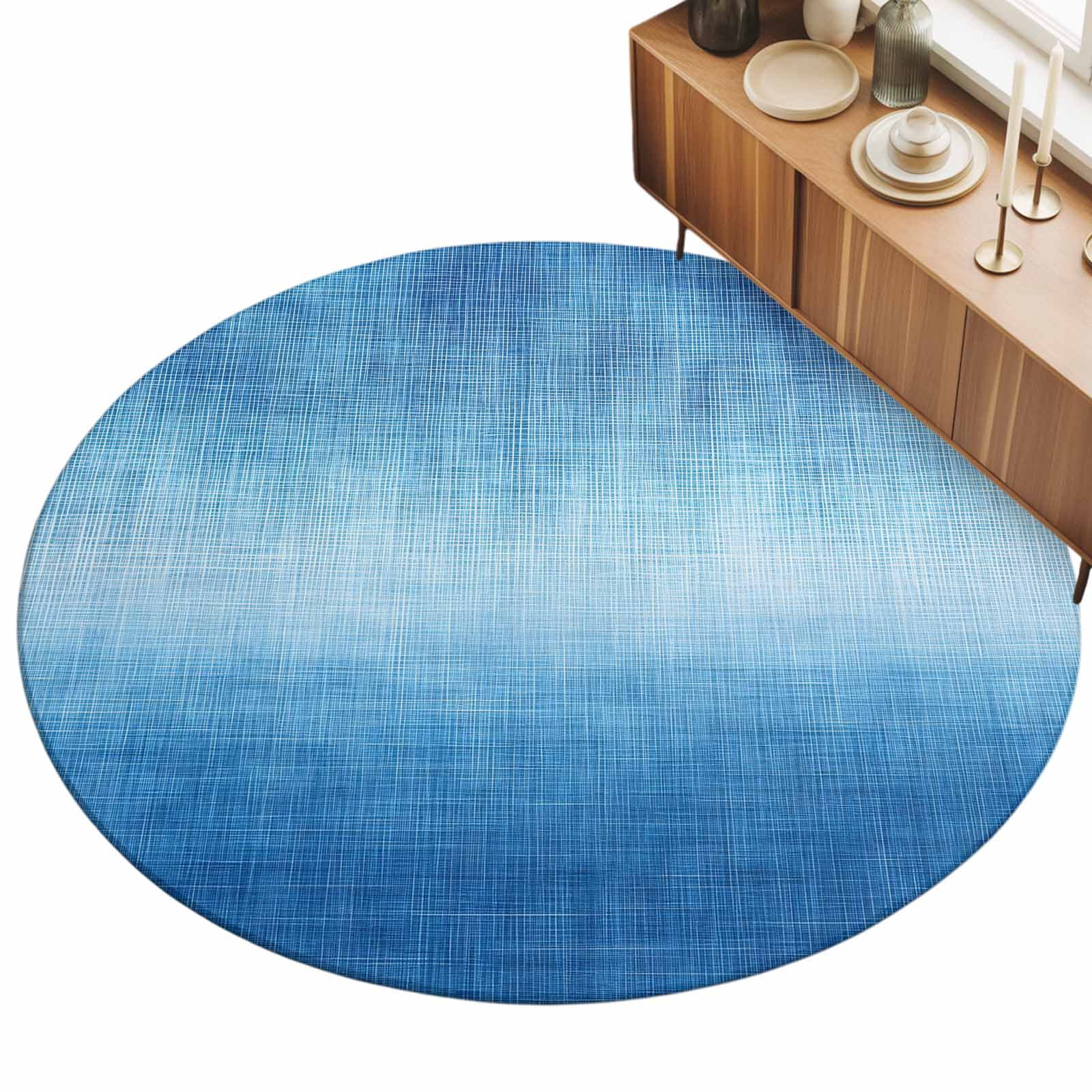 Blue White Area Rugs 4' (Round) Gradient Grid Texture Pastoral Abstract ...