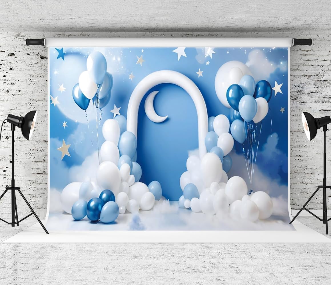 Blue White Balloons Arch Backdrop White Moon and Stars Cotton Clouds ...