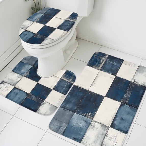 Blue White Bathroom Rugs Set Geometric Abstract Graffiti Plaid Modern ...