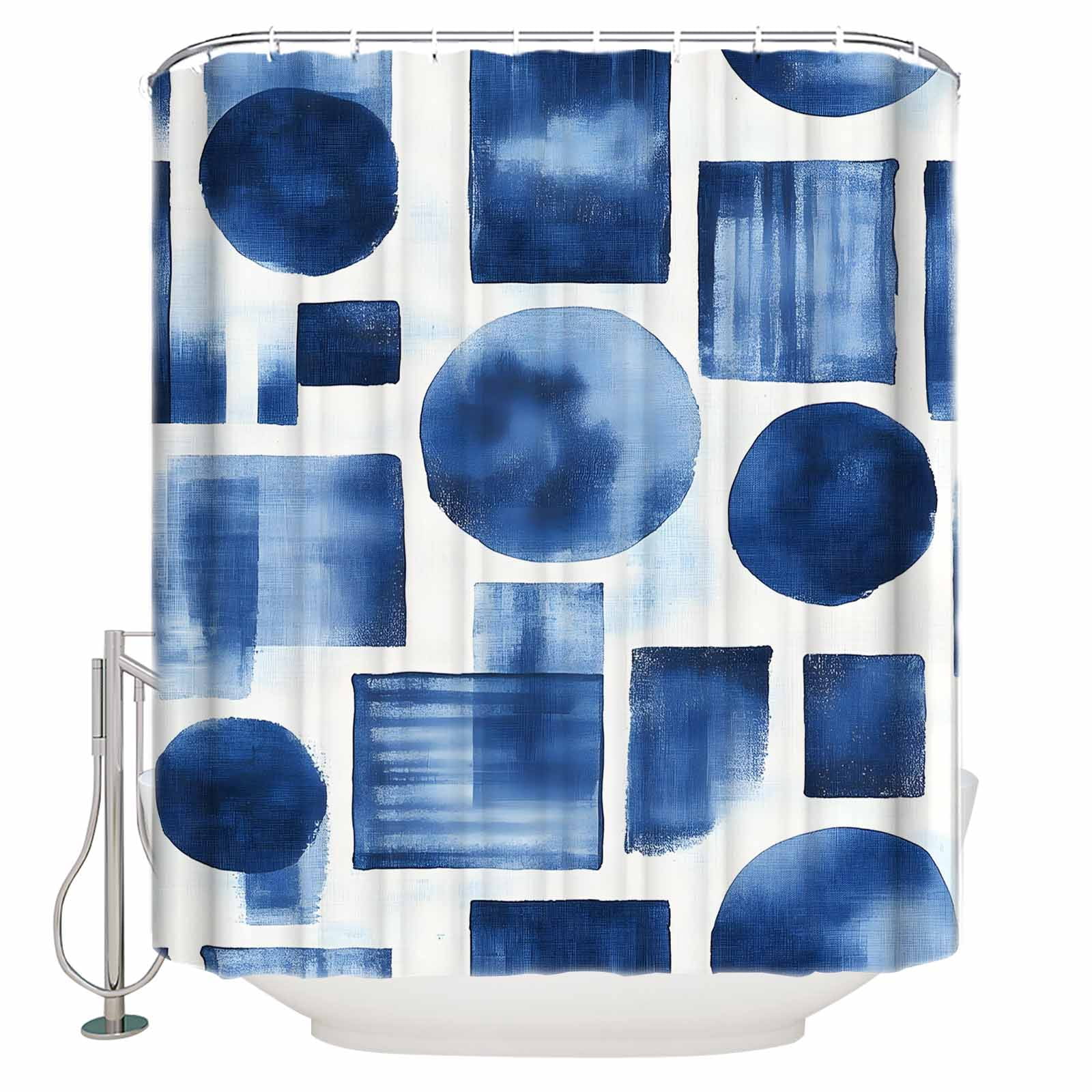 Blue White Bathroom Shower Curtains with 12 Hooks Polyester Waterproof ...