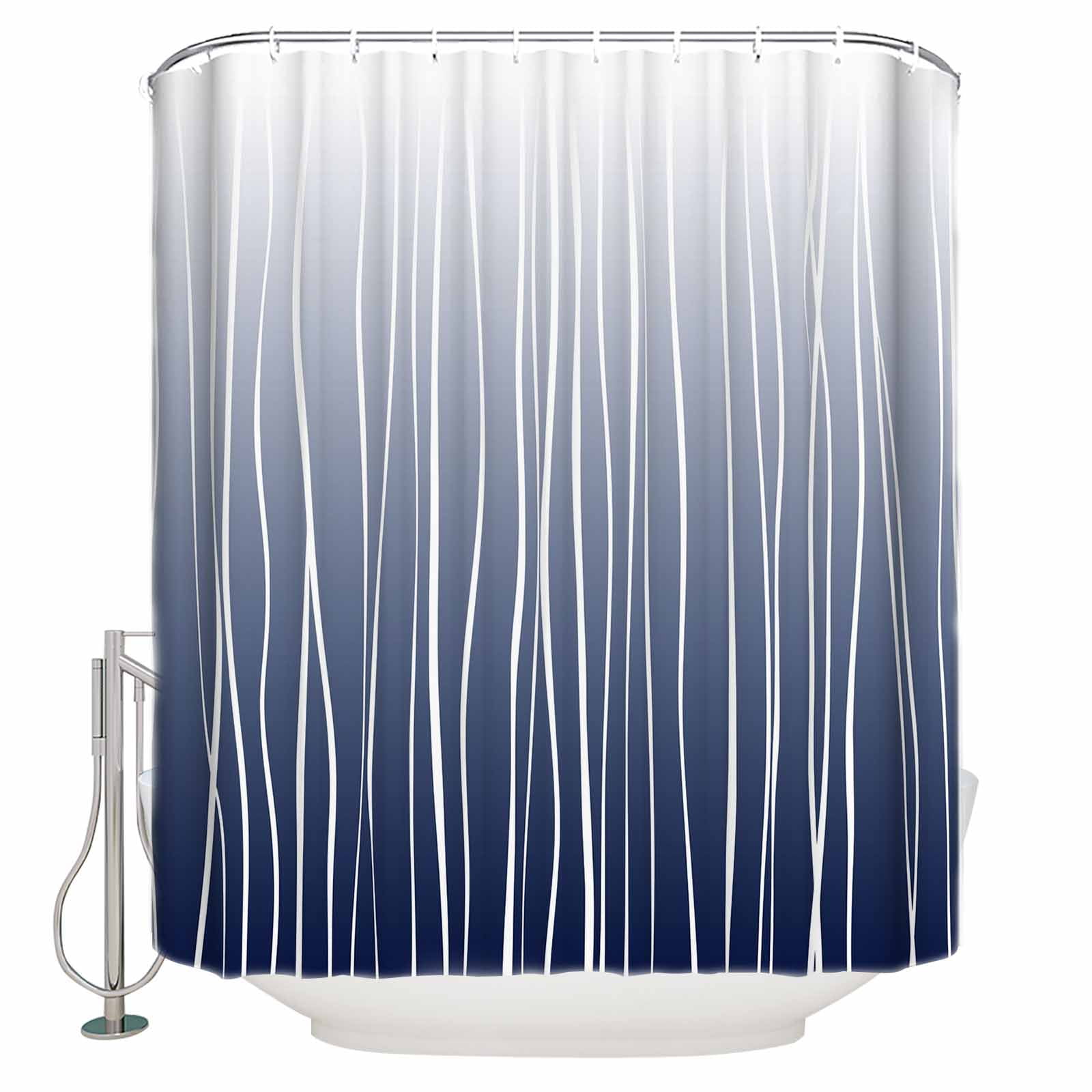 Blue White Bathroom Shower Curtains with 12 Hooks Polyester Waterproof ...