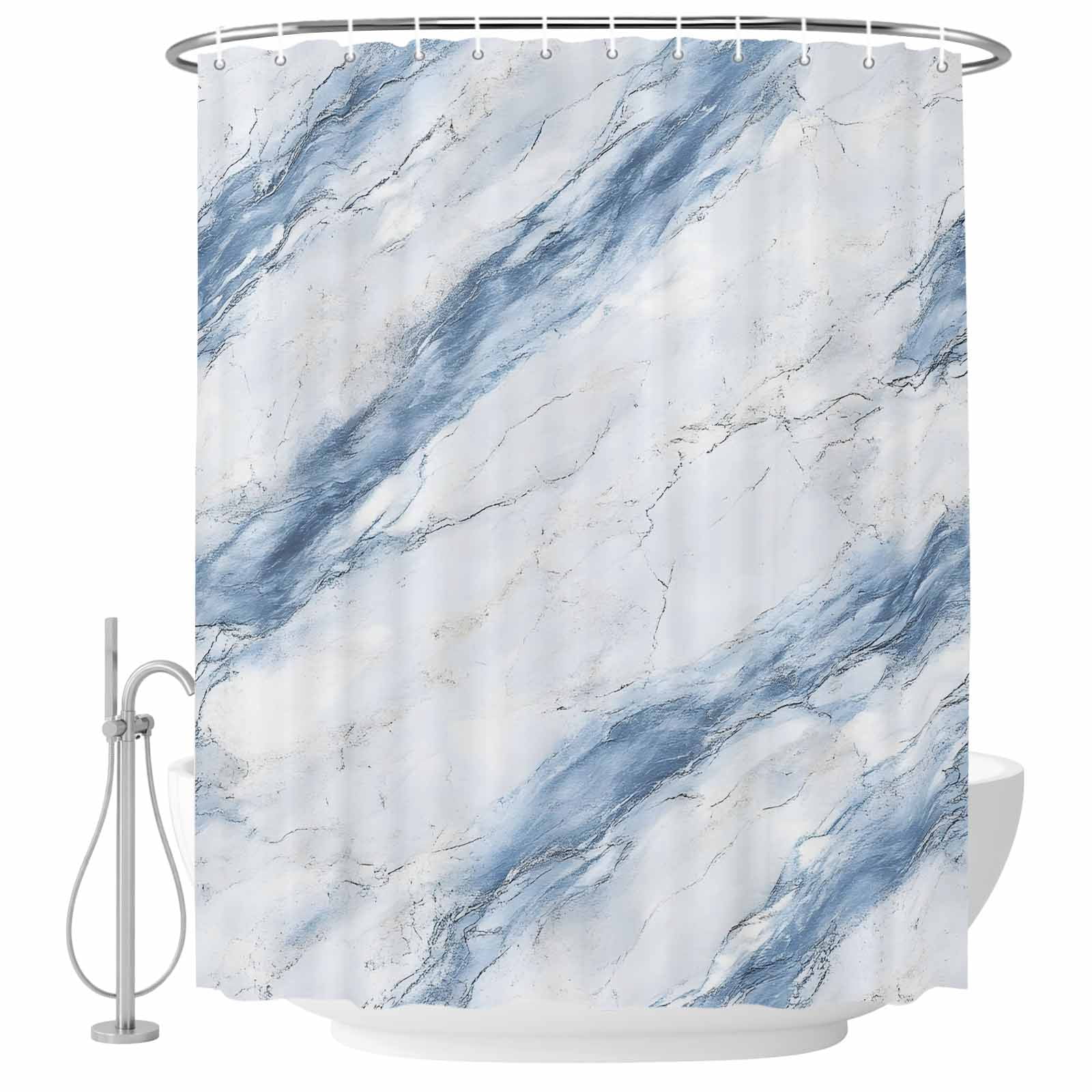 Blue White Bathroom Shower Curtains with Hooks, Marble Abstract Art ...