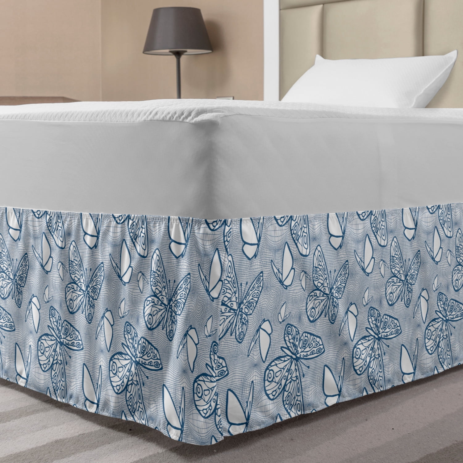 Blue and White Bed Skirt, Abstract Doodle Flying Butterfly Motifs on ...