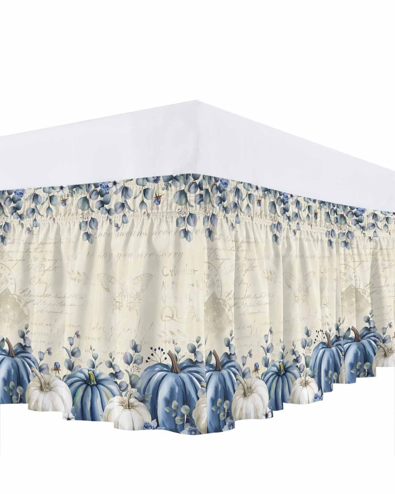 Blue White Bed Skirt Queen Size 16 Inch Drop, Fall Pumpkins ...