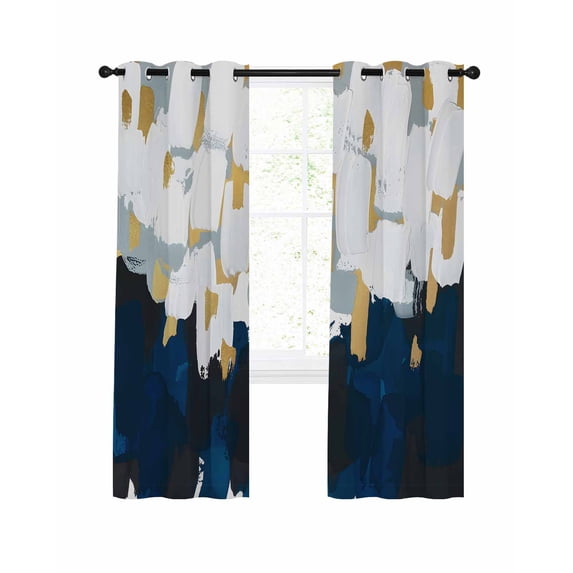 Blue White Blackout Curtains 63 Inches Long for Bedroom, Gold Graffiti ...