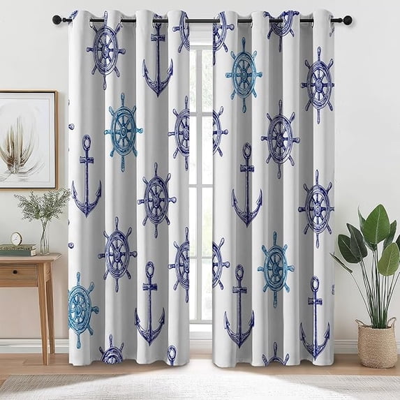 Blue White Blackout Curtains for Bedroom Printed Ocean Elements Hooks ...