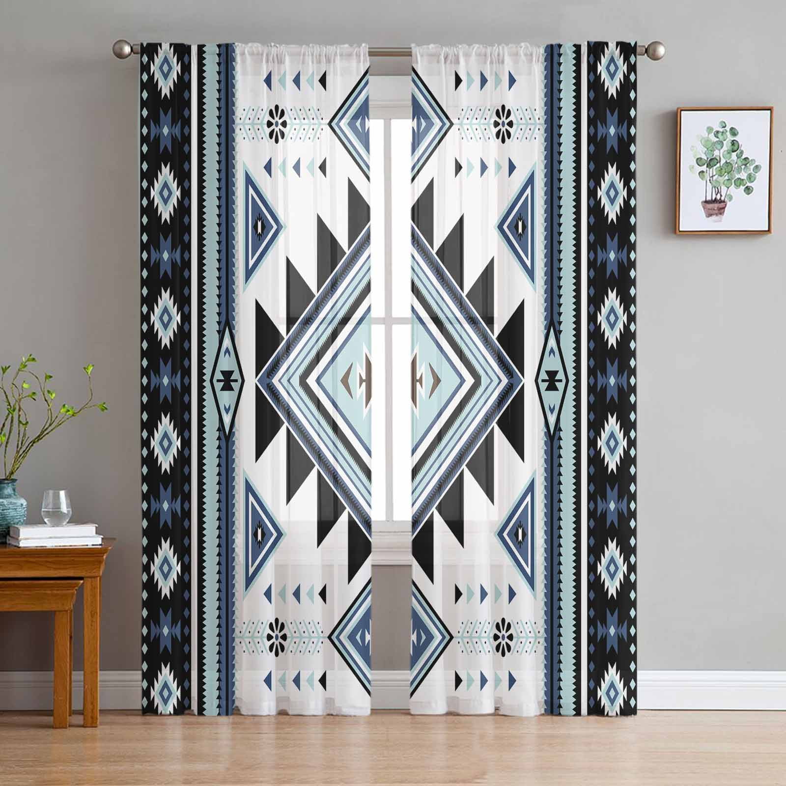 Blue White Bohemian Style Triangle Tulle Sheer Window Curtains For ...