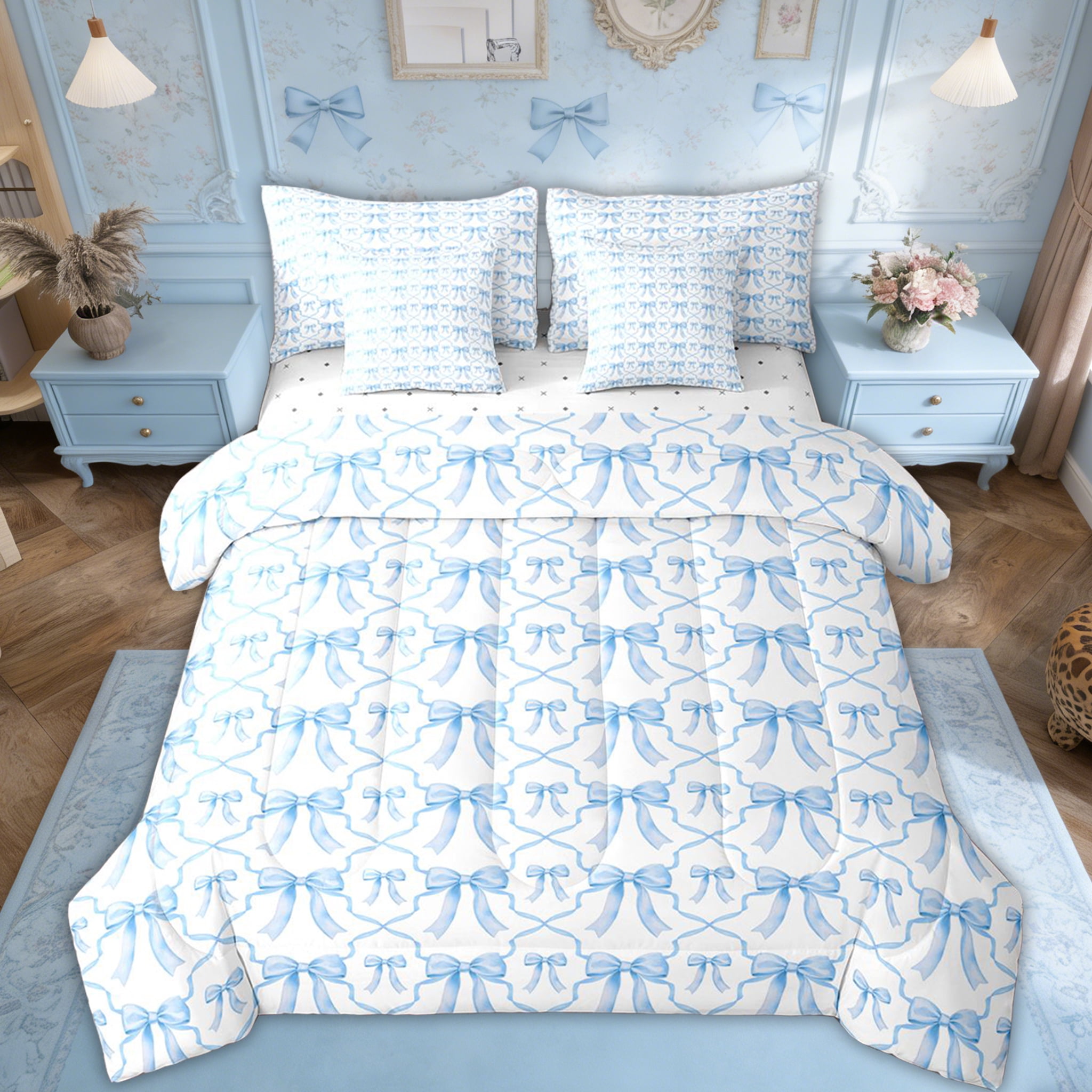 Erosebridal Blue White Bow Bed In A Bag 7 Pcs Cute Bowknot Full Bedding ...