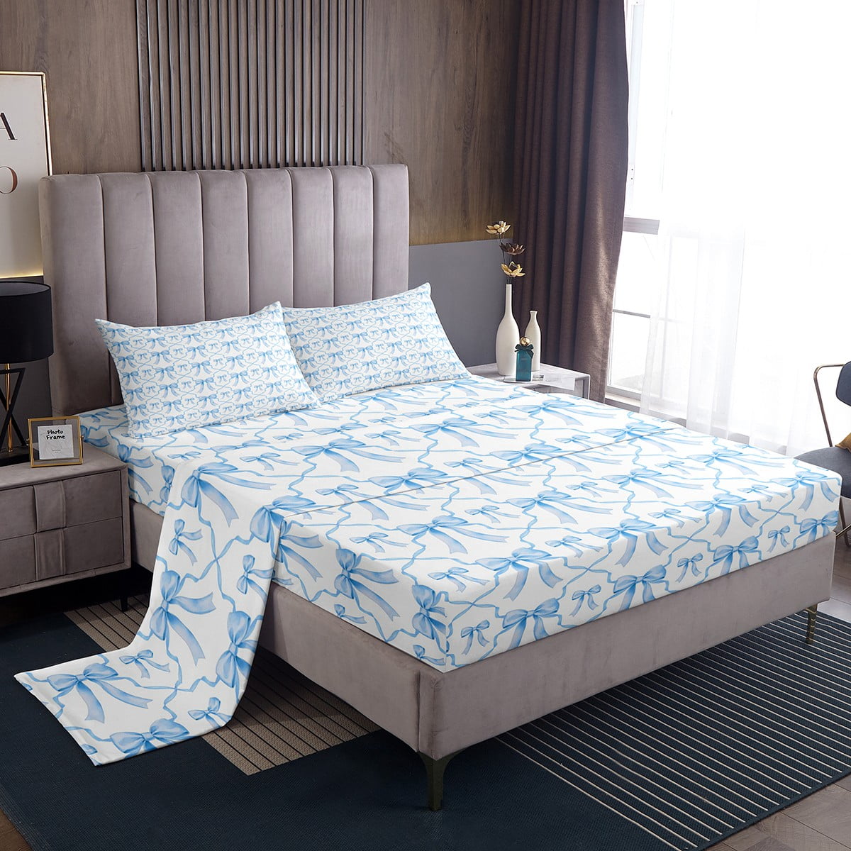 Blue White Bow Bedding Set Cute Bowknot Queen Bed Sheets For Kids Boys ...