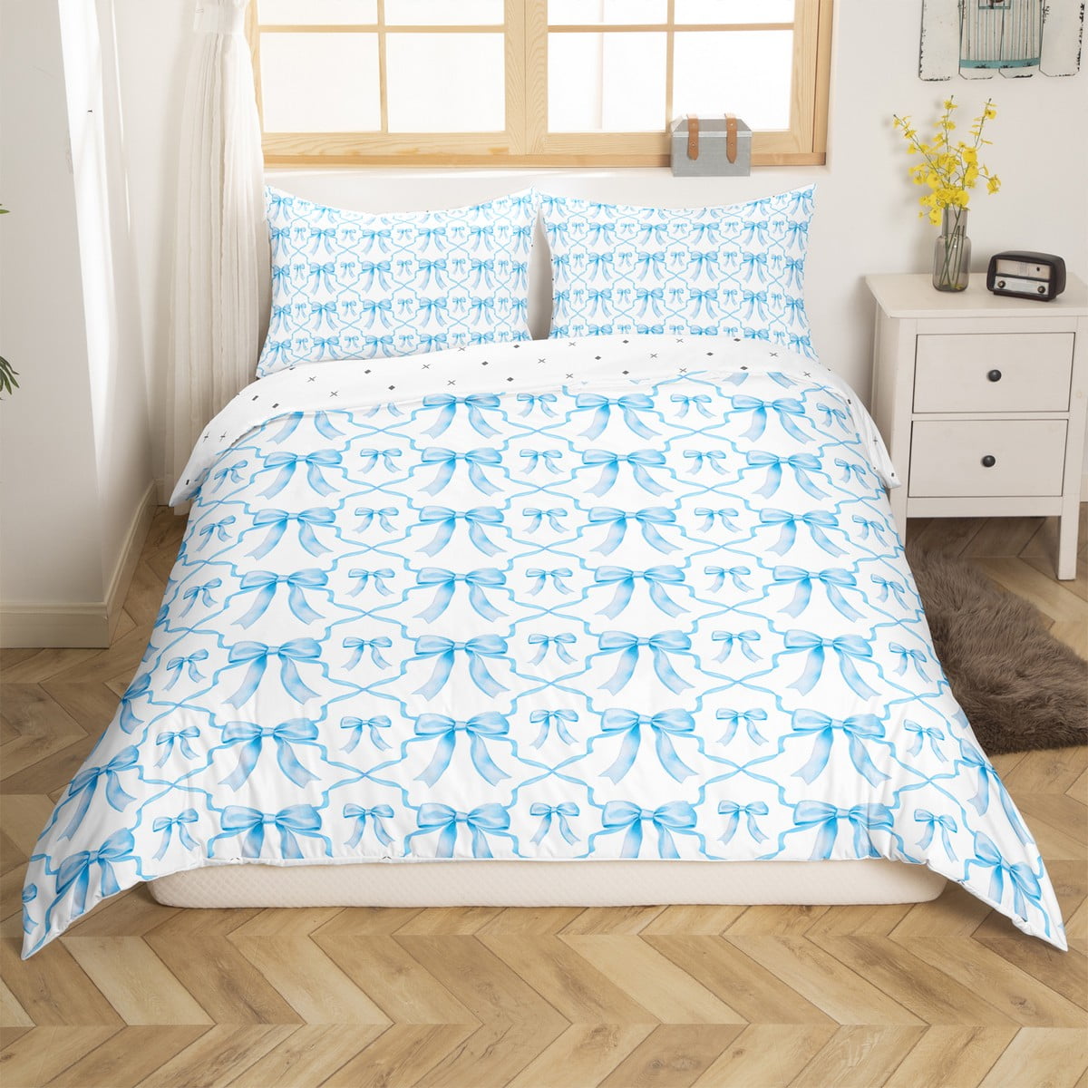 Blue White Bow Bedding Set Cute Bowknot Queen Comforter Cover 3 Piece ...