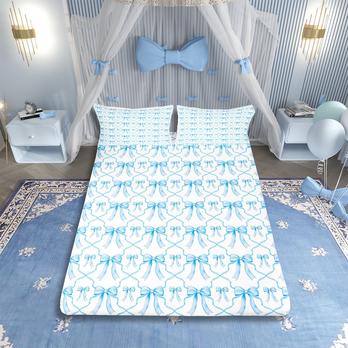 Blue White Bow Bedding Set Cute Bowknot Twin Bed Sheets,Watercolor ...